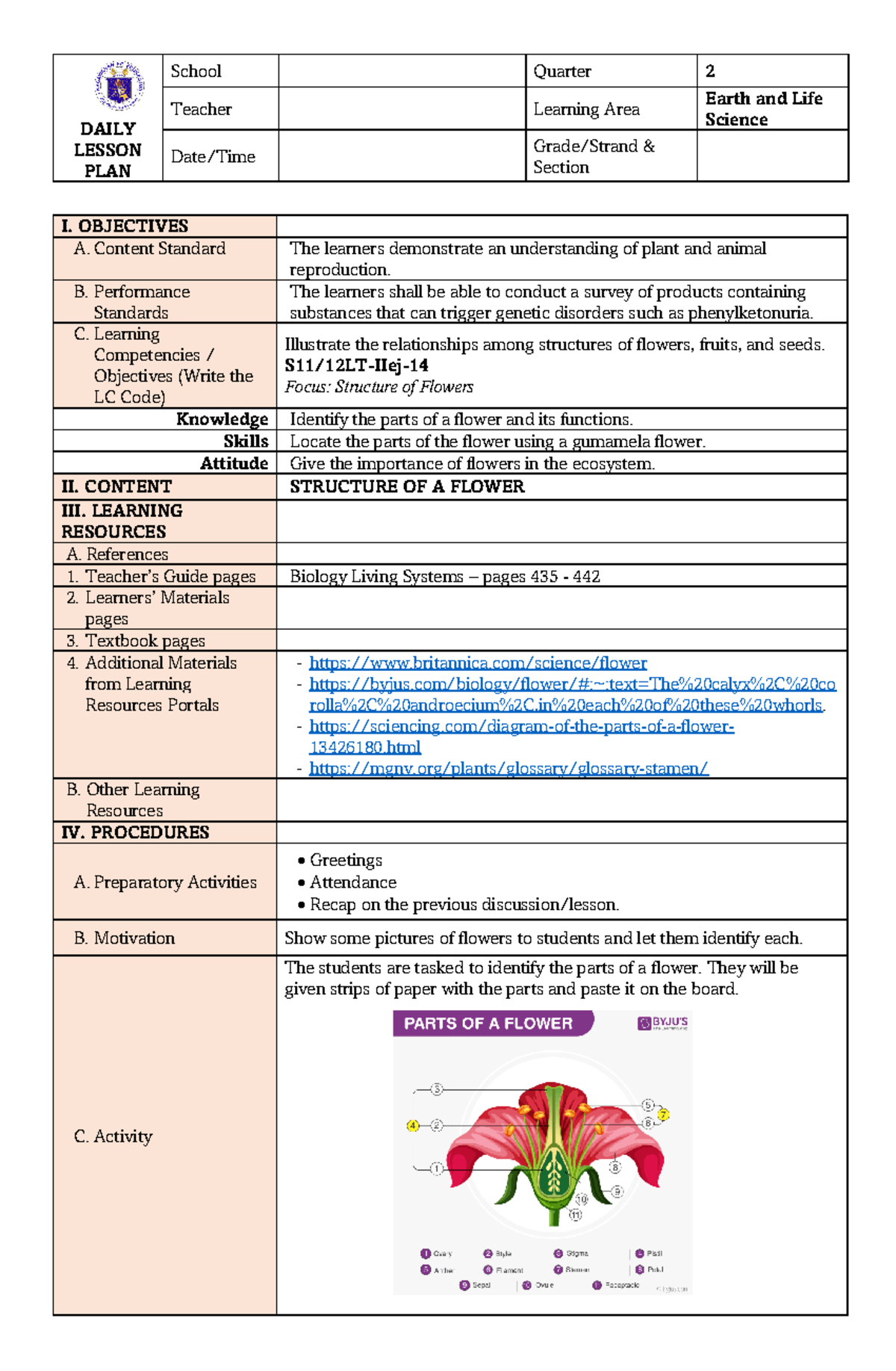 S11/12LT-IIej-14: Exploring the Structure and Parts of a Flower DLP ...