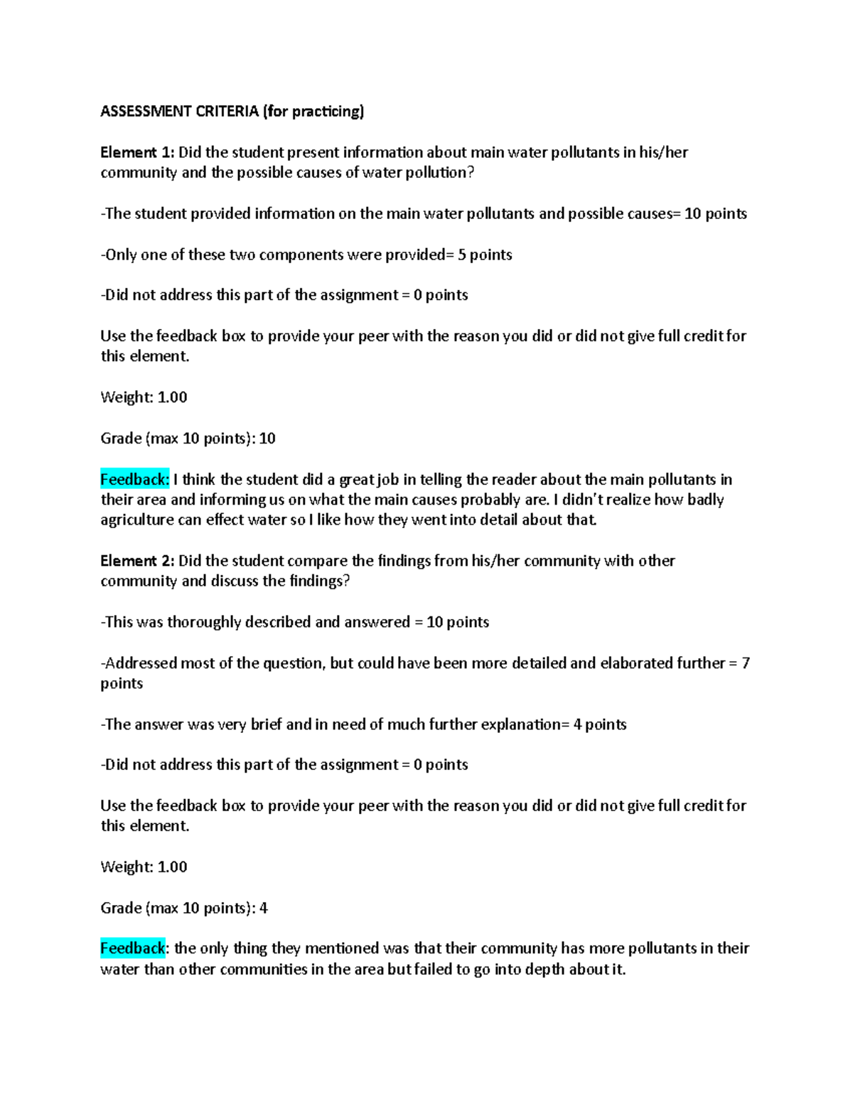 UNIV 1001 Unit 2 sample peer review rubric 2 - ASSESSMENT CRITERIA (for ...