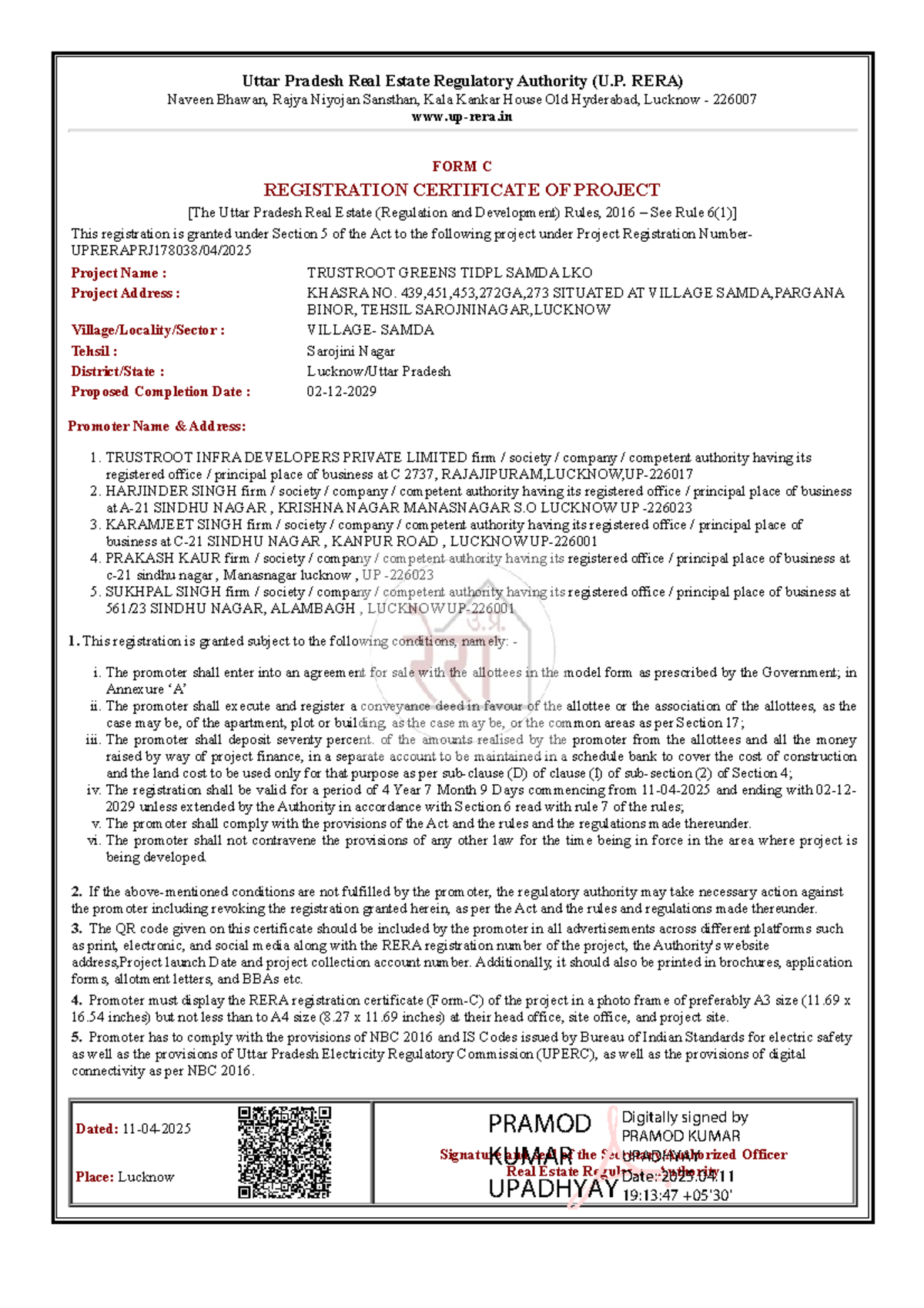 U.P. RERA FORM C Registration Certificate for TRUSTROOT GREENS Project ...