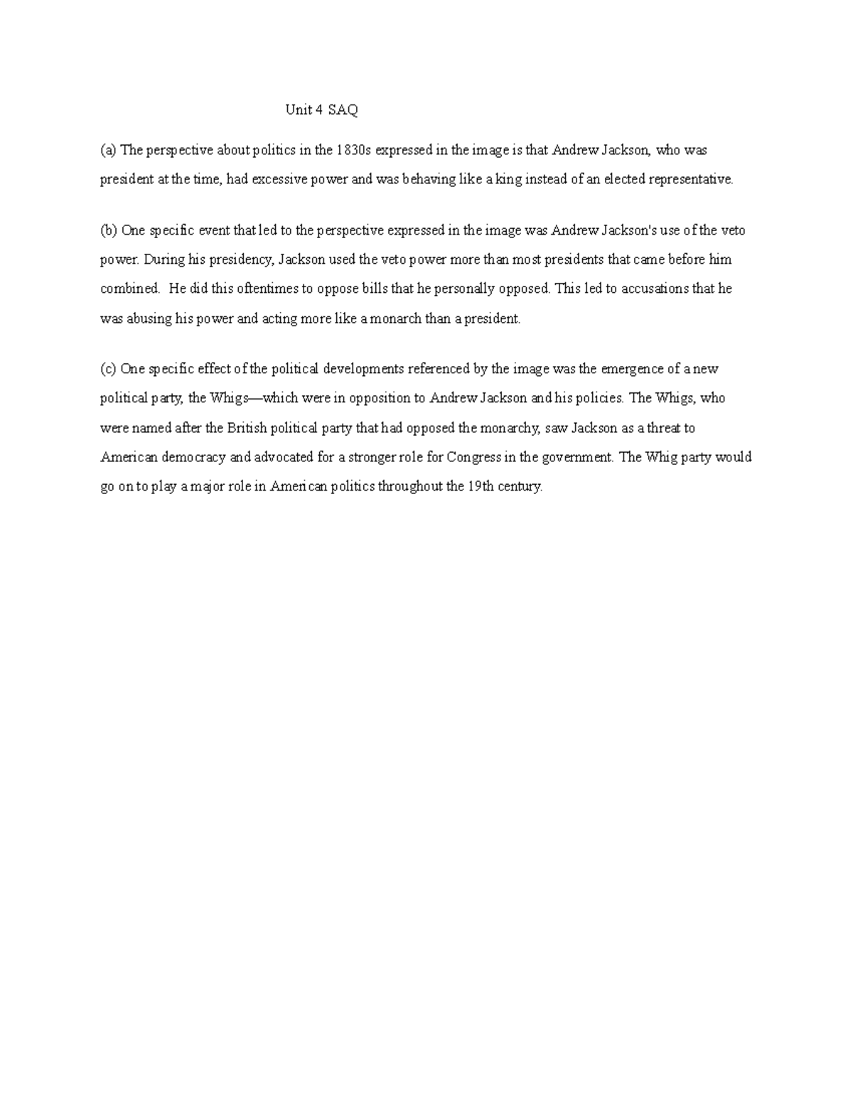 Unit 4 SAQ - Analysis of Jackson's Presidency and Political Impact ...