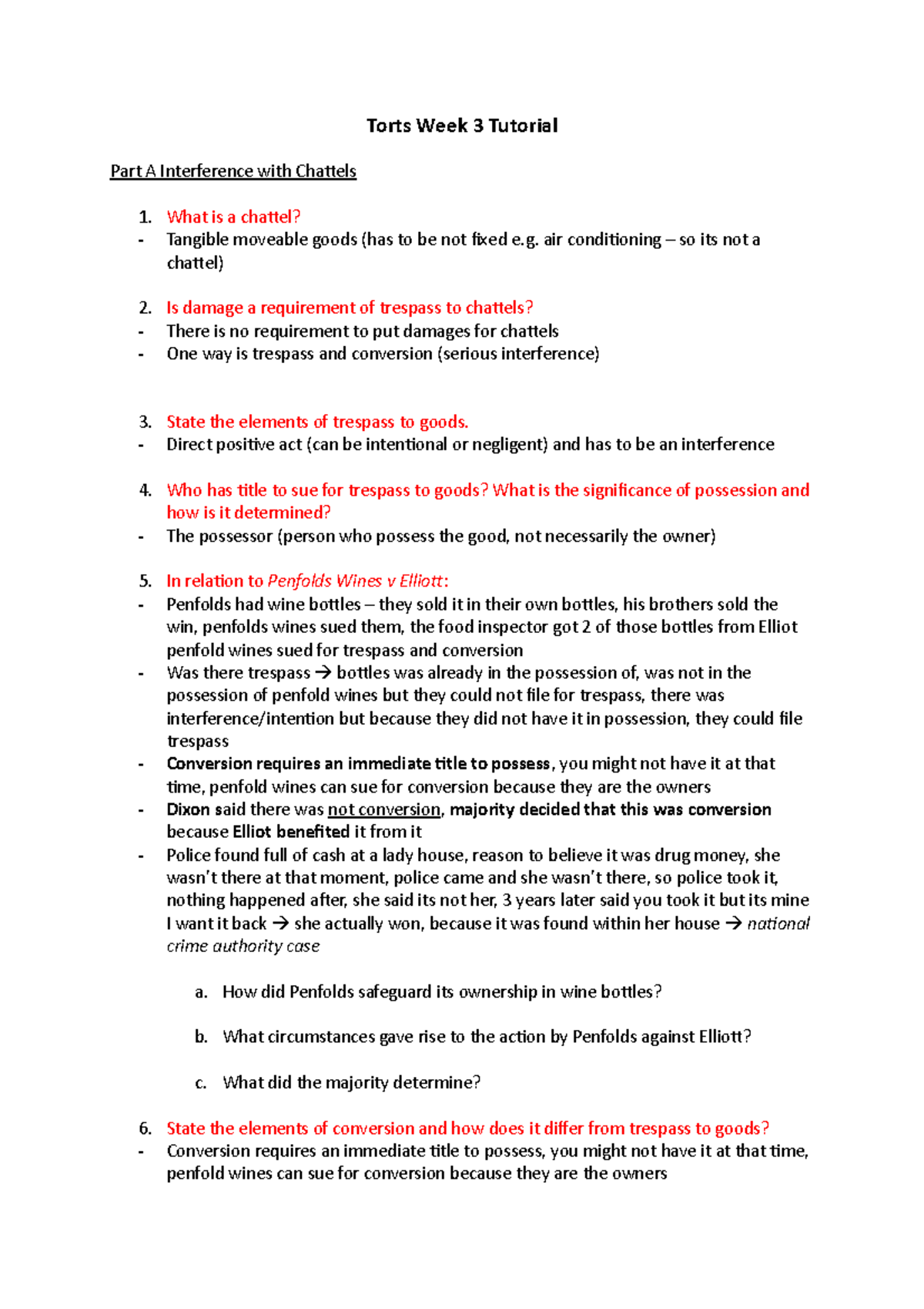 Week 3 tutorial - Torts Week 3 Tutorial Part A Interference with Chattels What is a chattel ...