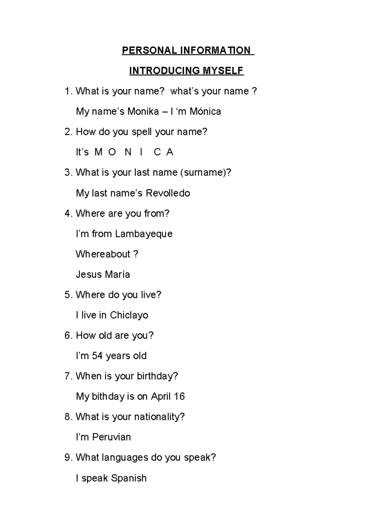 Basic Personal Info Questionnaire: Introducing Myself - Studocu