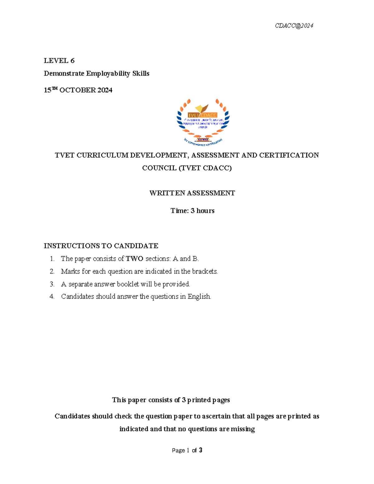 Employability Skills Assessment Level 6 - CDACC Written Exam - Studocu