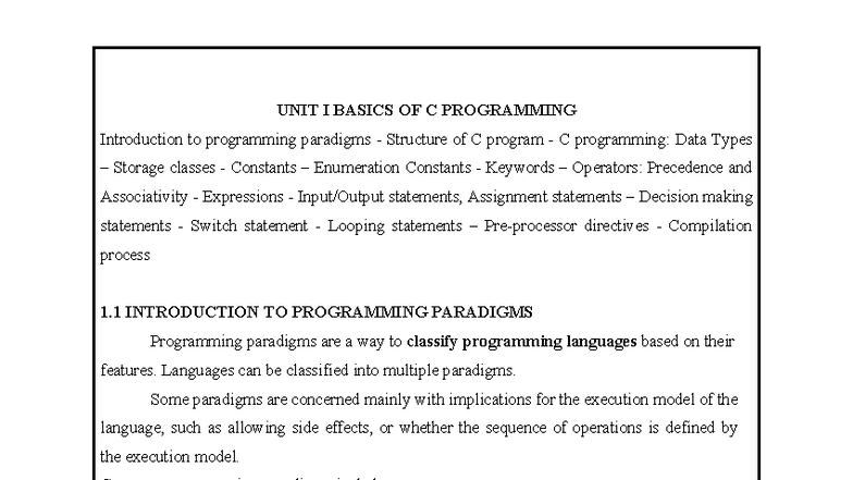 C Programming Basics: Unit I Overview and Key Concepts - Studocu