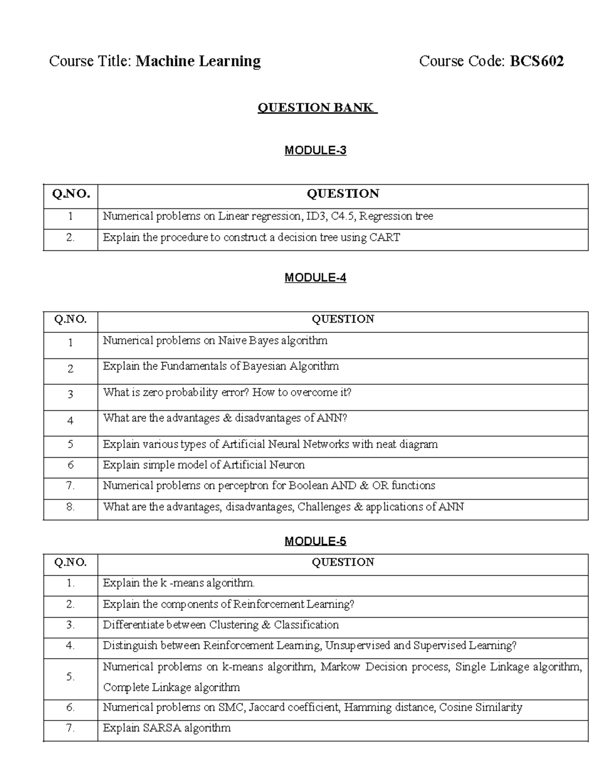 Question Bank for Machine Learning BCS602: Numerical & Conceptual ...