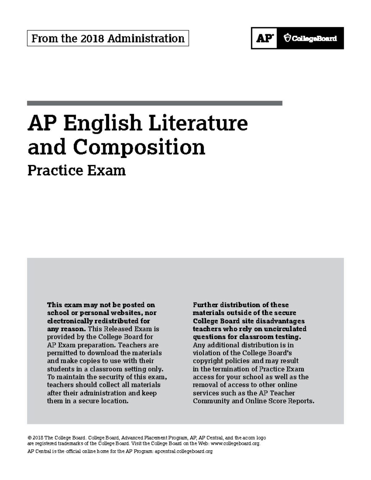 AP English Literature & Composition 2018 Practice Exam Instructions ...