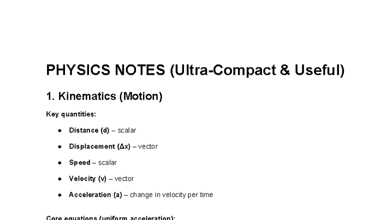 PHYSICS 101: Year 1 Kinematics & Dynamics Notes - Studocu