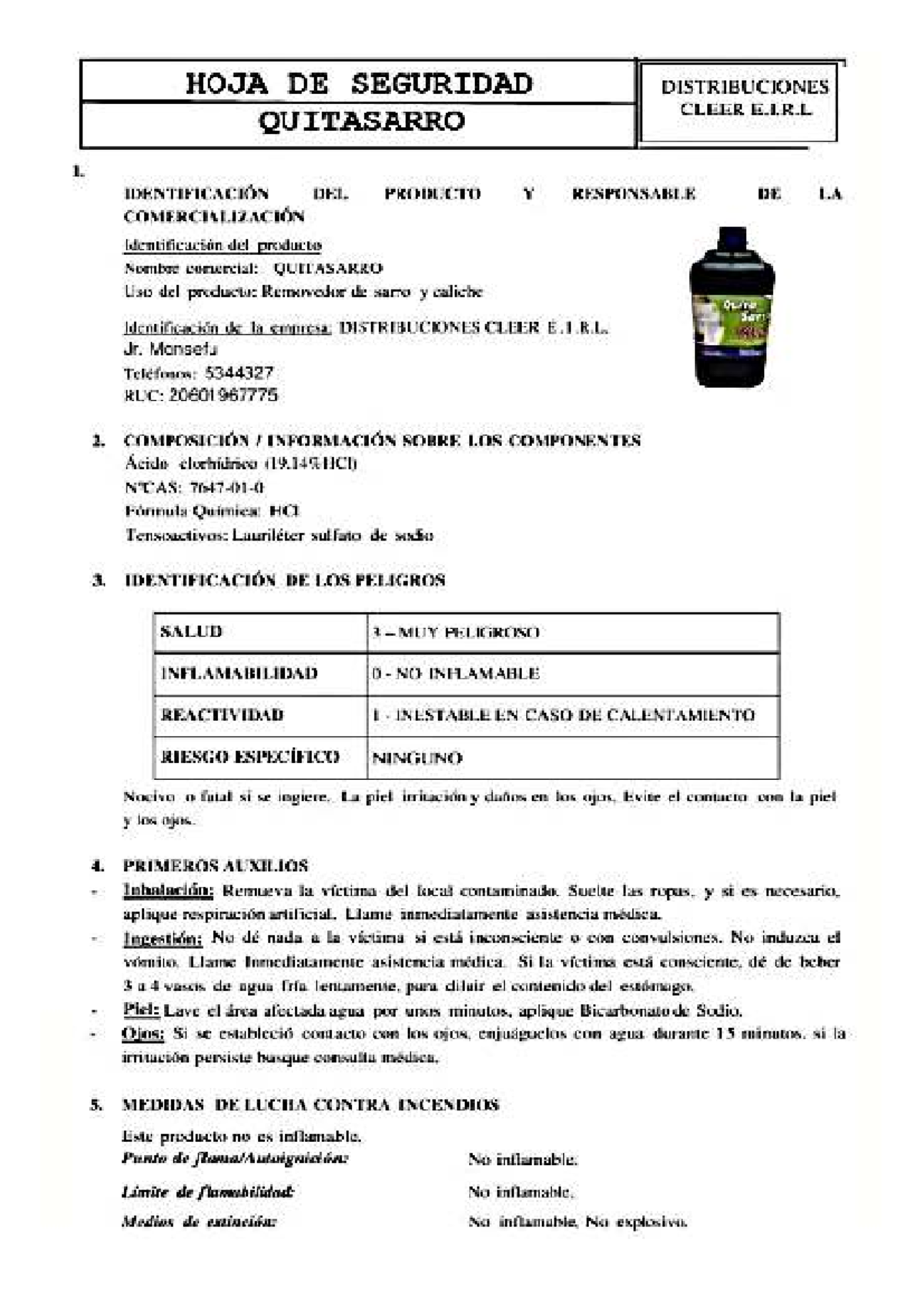 Hoja de Seguridad MSDS - Quitasarro - Distribuciones Cleer E.I.R.L ...