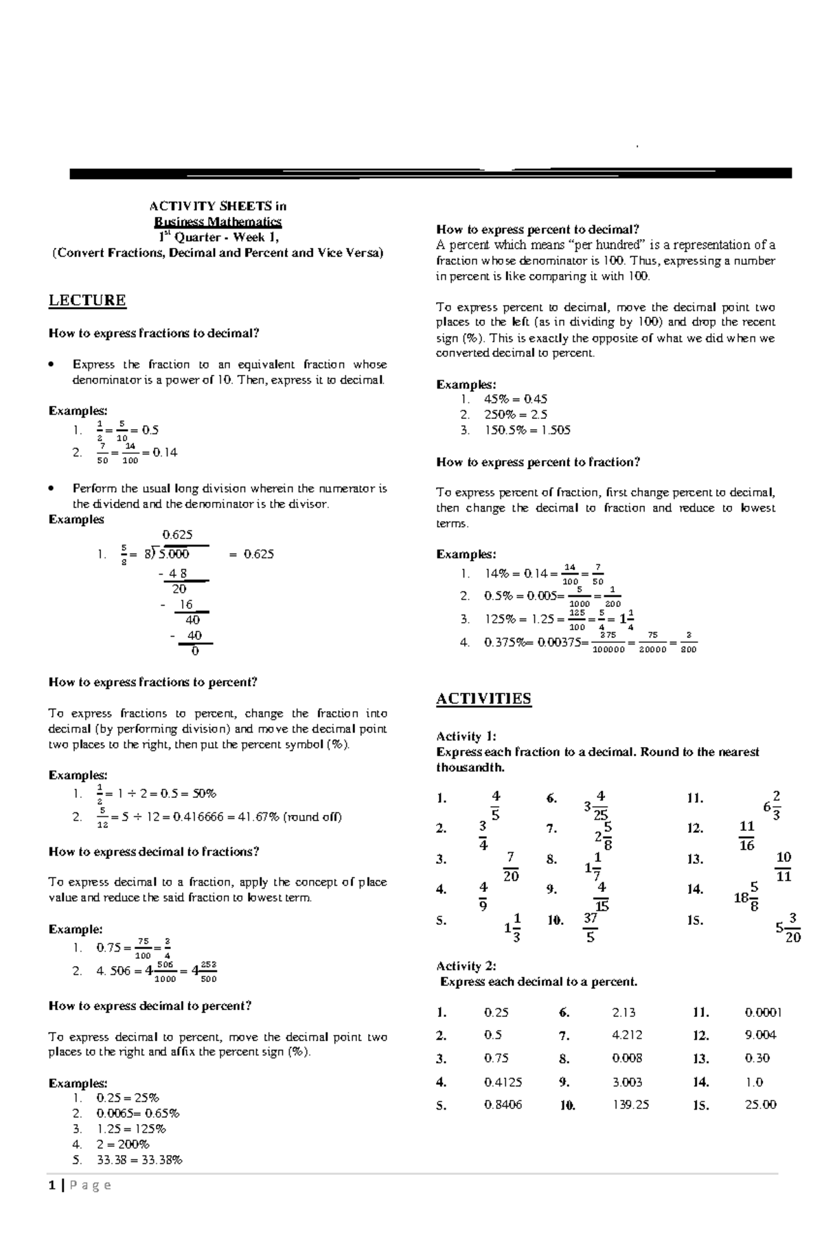 Business MATH LAS with content - ACTIVITY SHEETS in Business ...