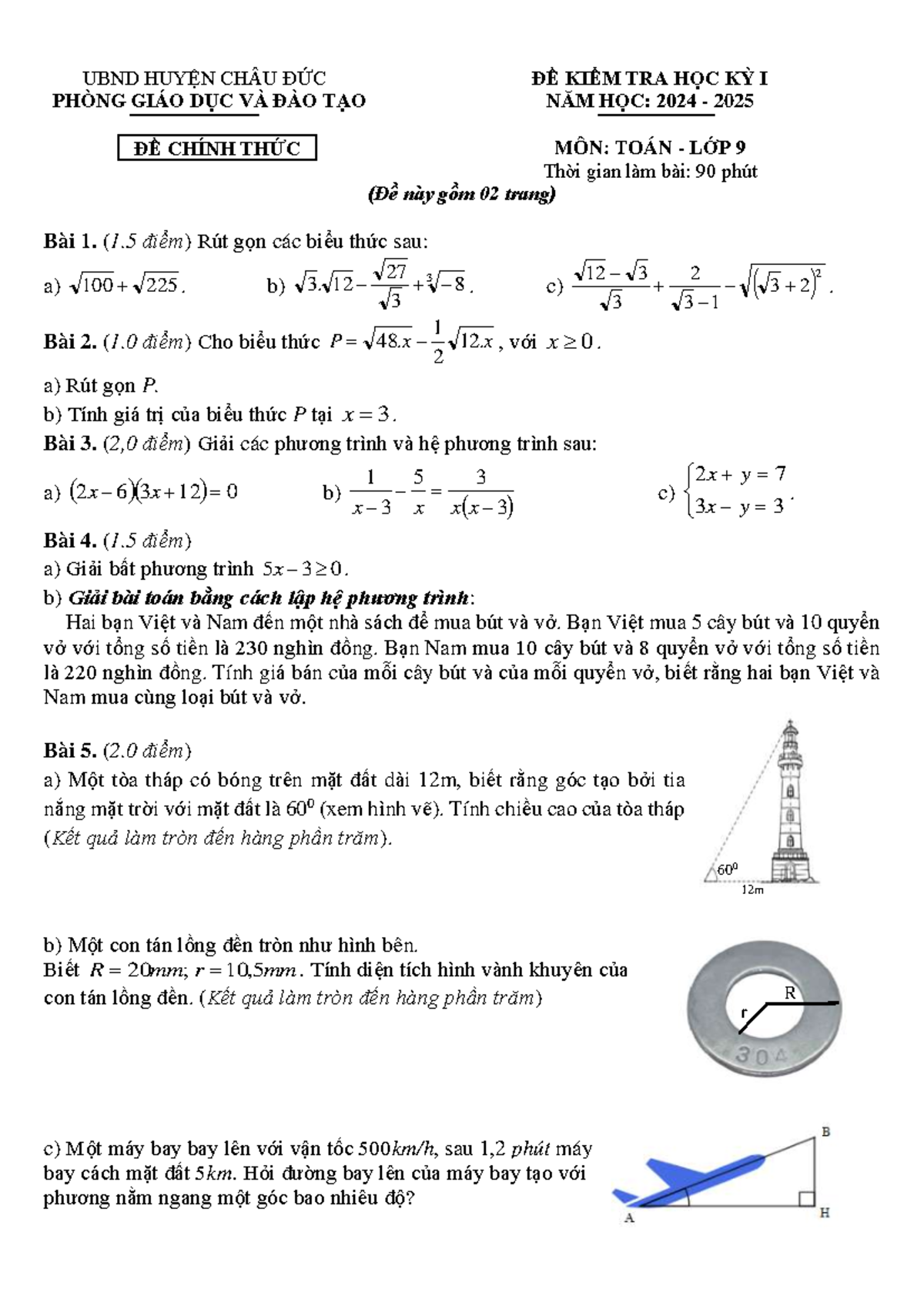Đề Kiểm Tra Học Kỳ I Môn Toán Lớp 9 Năm Học 2024-2025 - Studocu