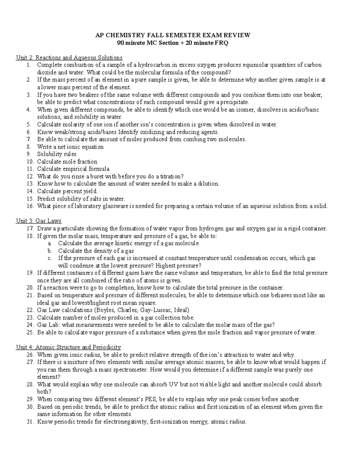 chem fall exam 2015 review key - AP CHEMISTRY FALL SEMESTER EXAM REVIEW ...