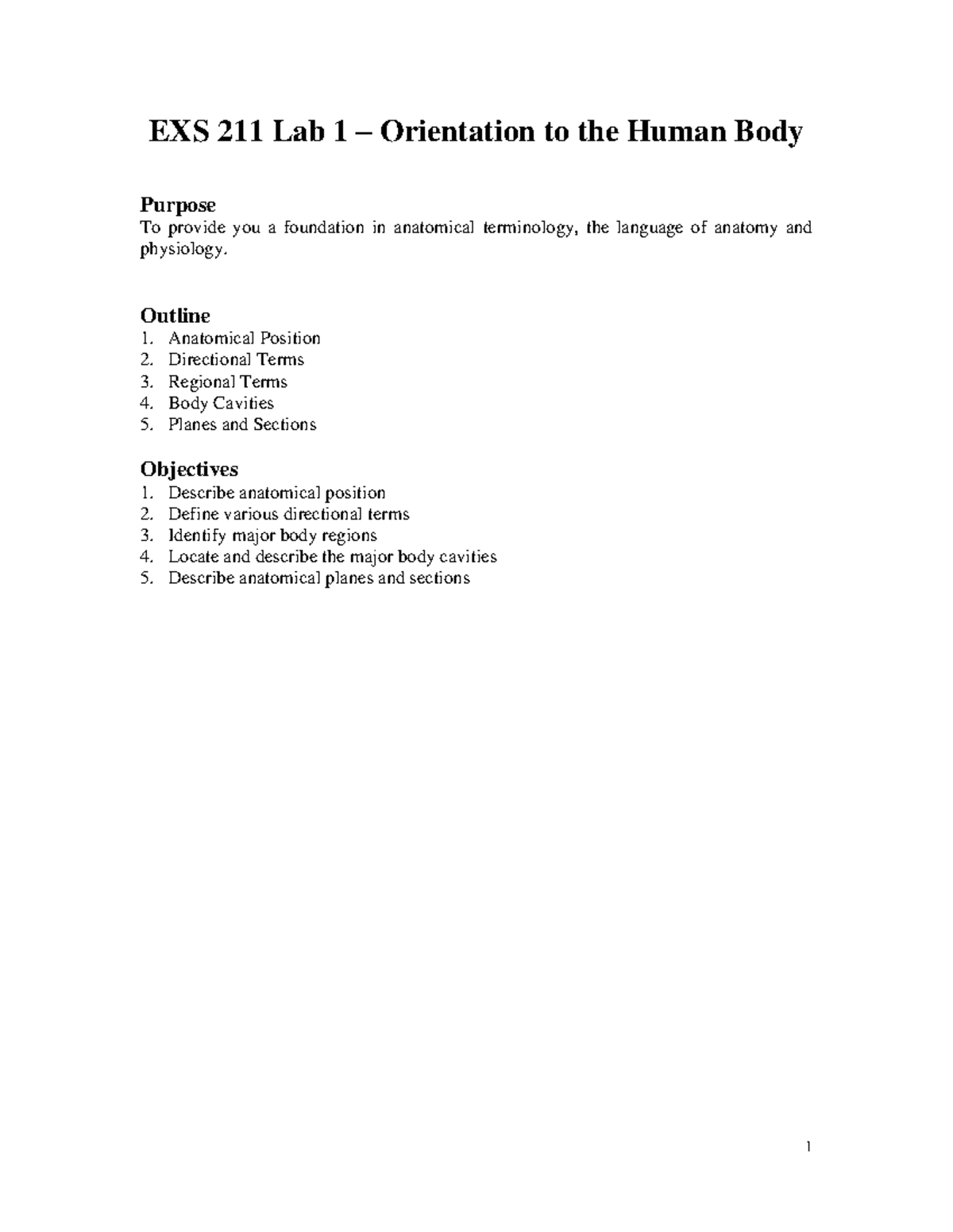 EXS 211 Lab 1: Intro to Human Body Anatomy & Terminology - Studocu