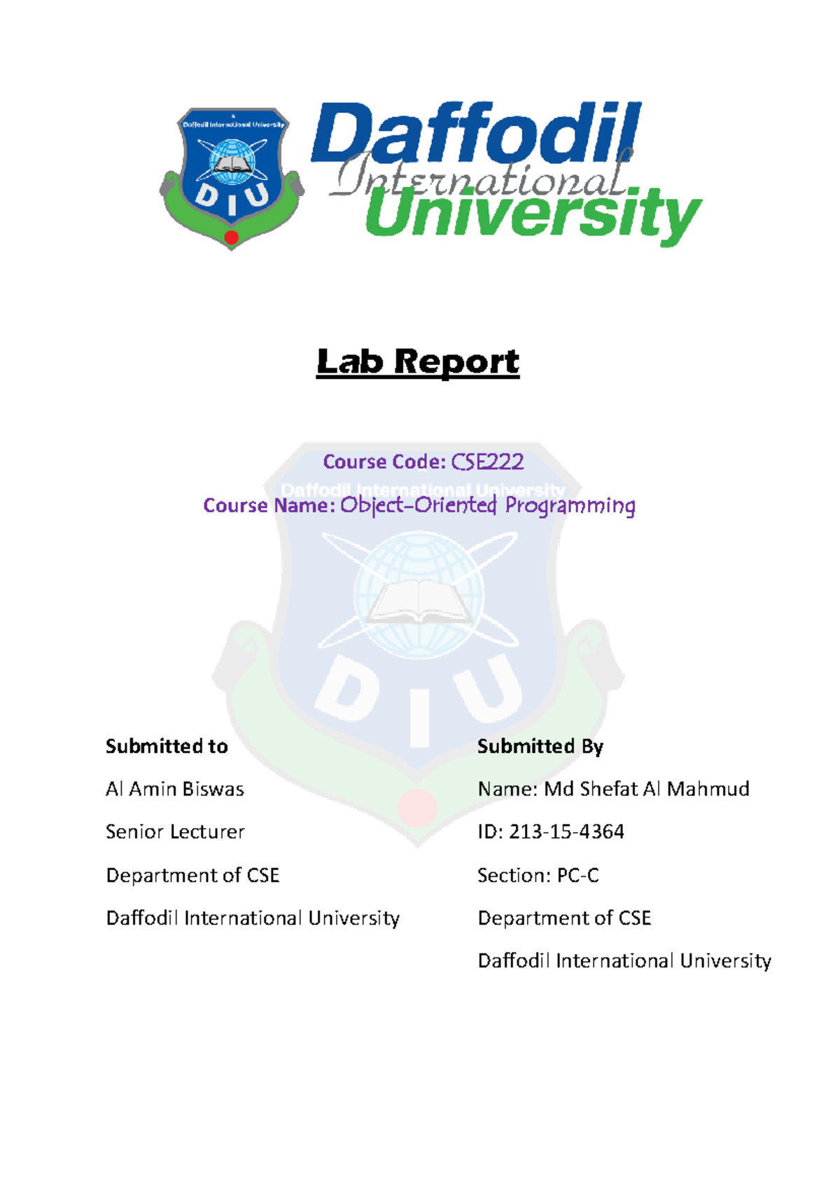 CSE 222 Object-Oriented Programming Lab Report: Class, Object & More ...