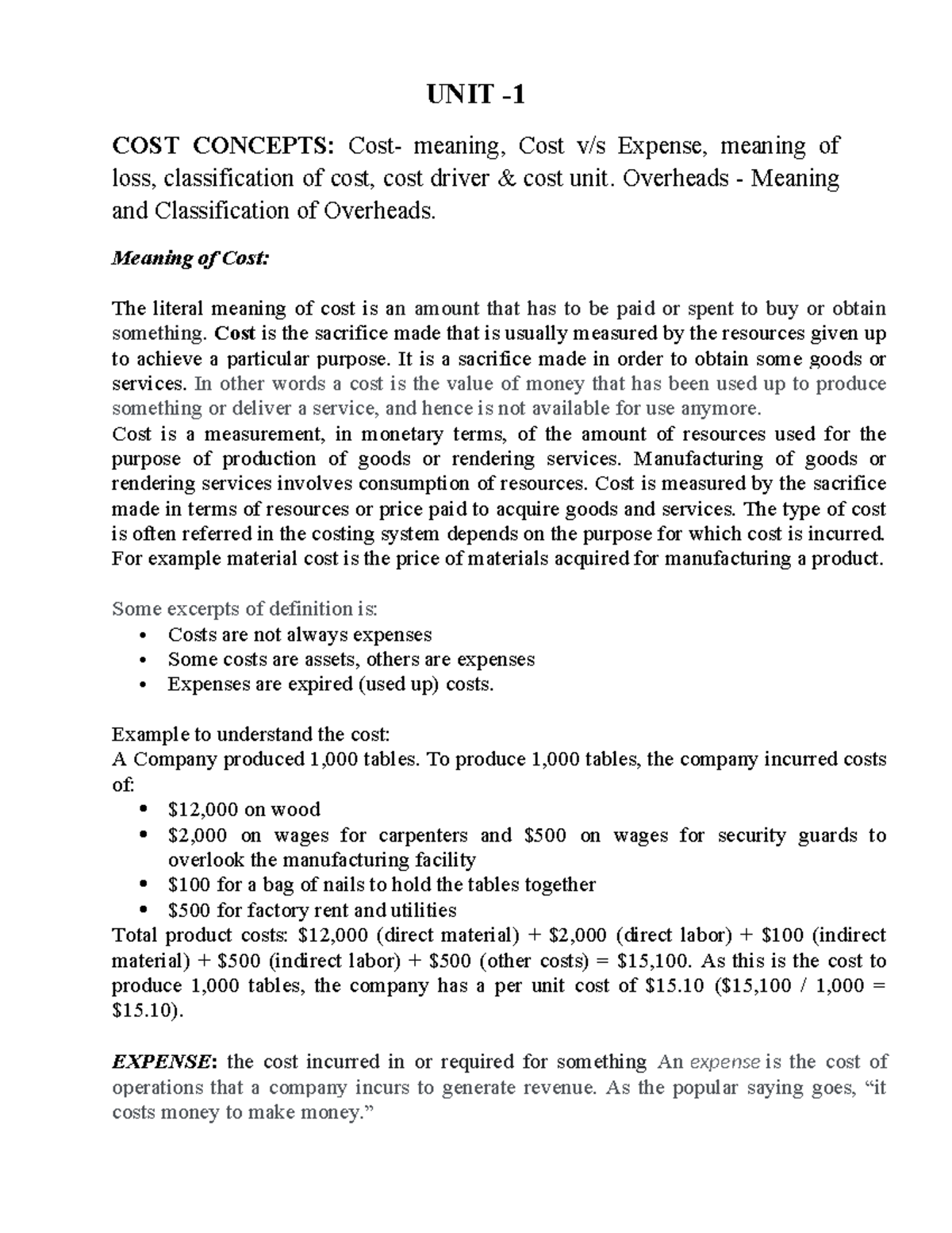 Unit 1: Cost Concepts - Comprehensive Study Notes - Studocu