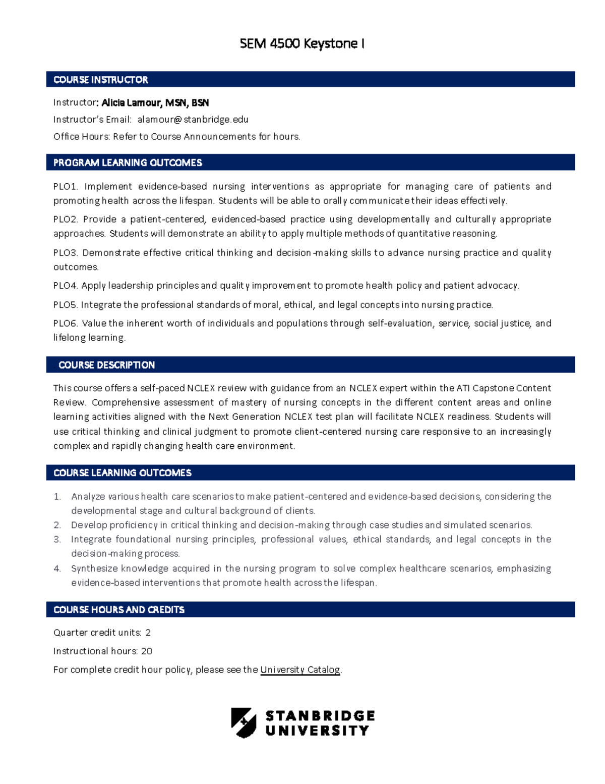 SEM 4500 Keystone I Course Syllabus: NCLEX Review & Learning Outcomes ...