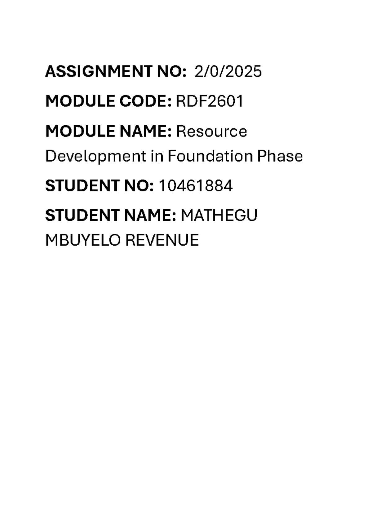 Resource Development in Foundation Phase: Assignment RDF2601 - Studocu