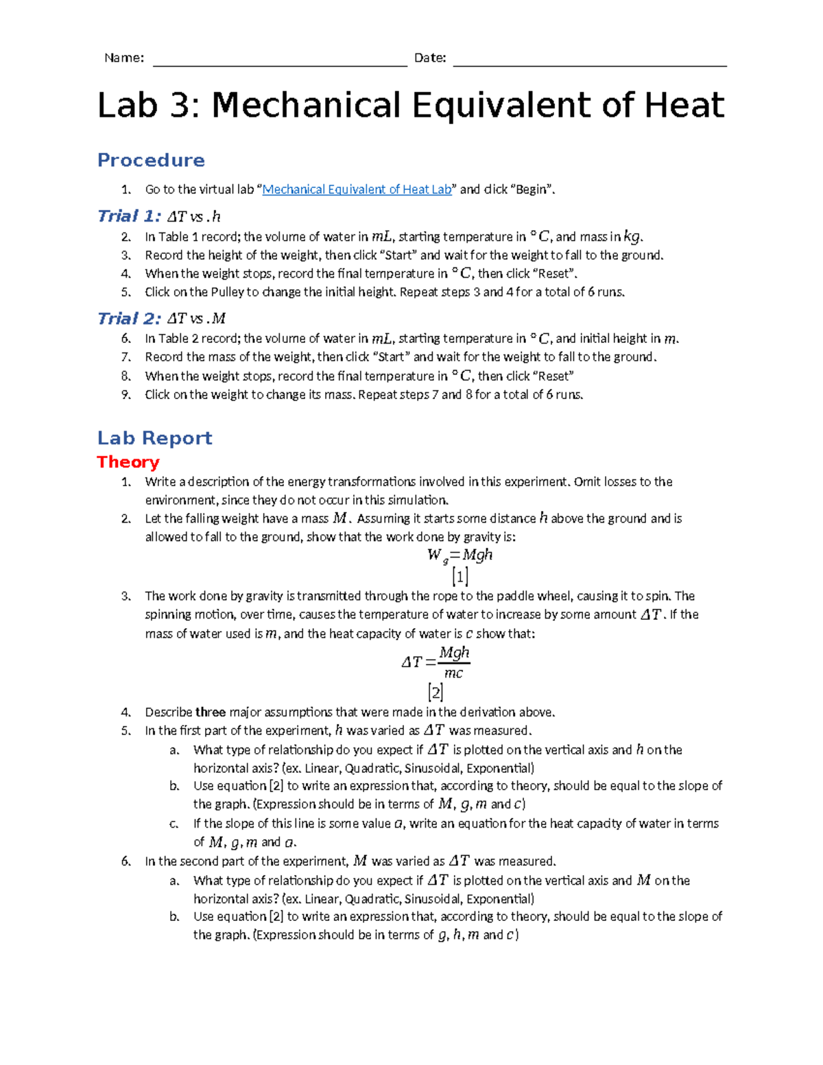 Lab 3: Mechanical Equivalent of Heat Procedure & Analysis (22-23) - Studocu