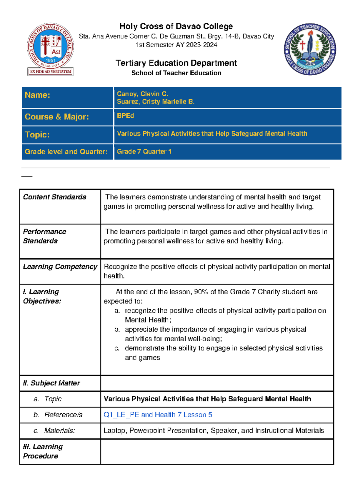 LP- Semifinal - Grade 7 Lesson Plan on Physical Activities for Mental ...