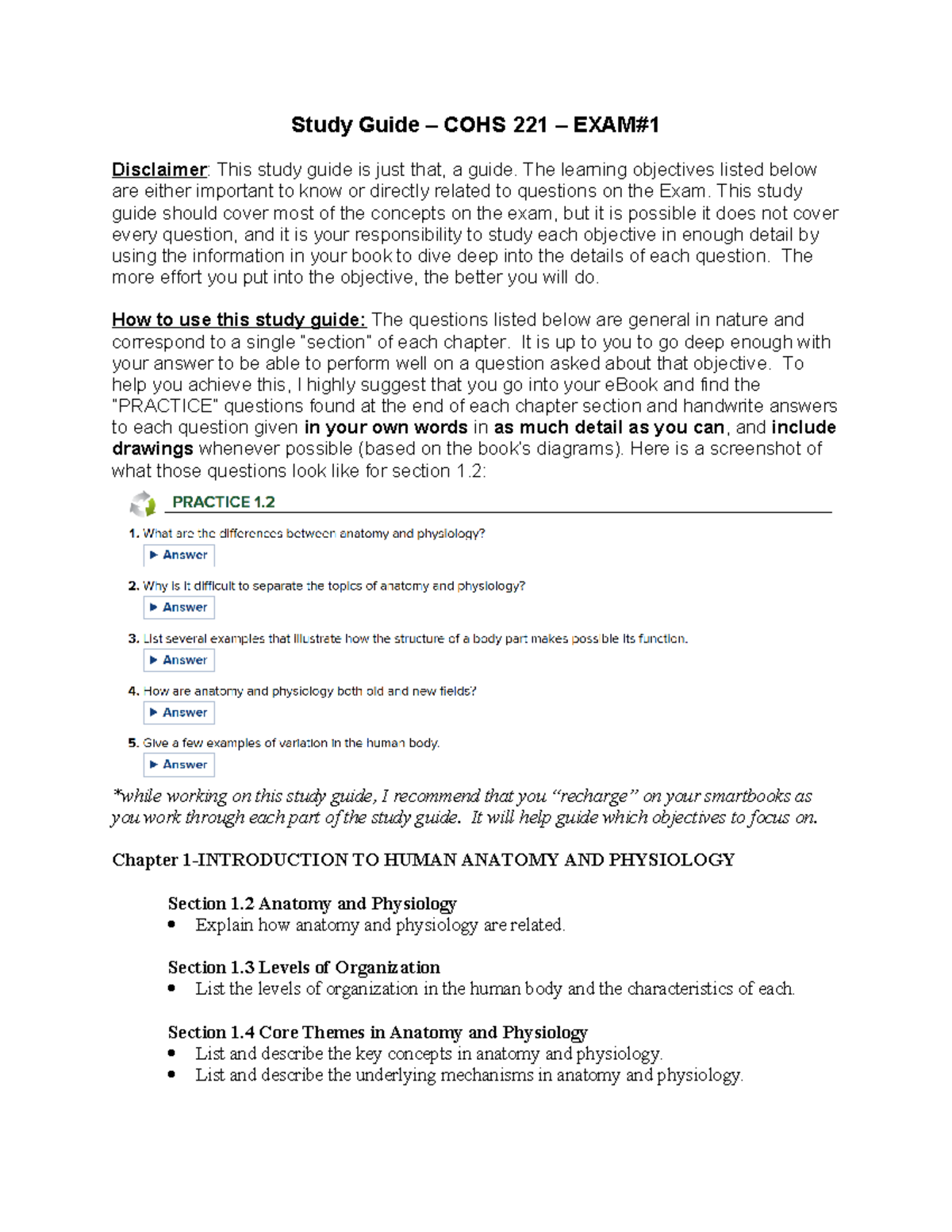 Study Guide for COHS 221 - Exam #1: Anatomy & Physiology Concepts - Studocu