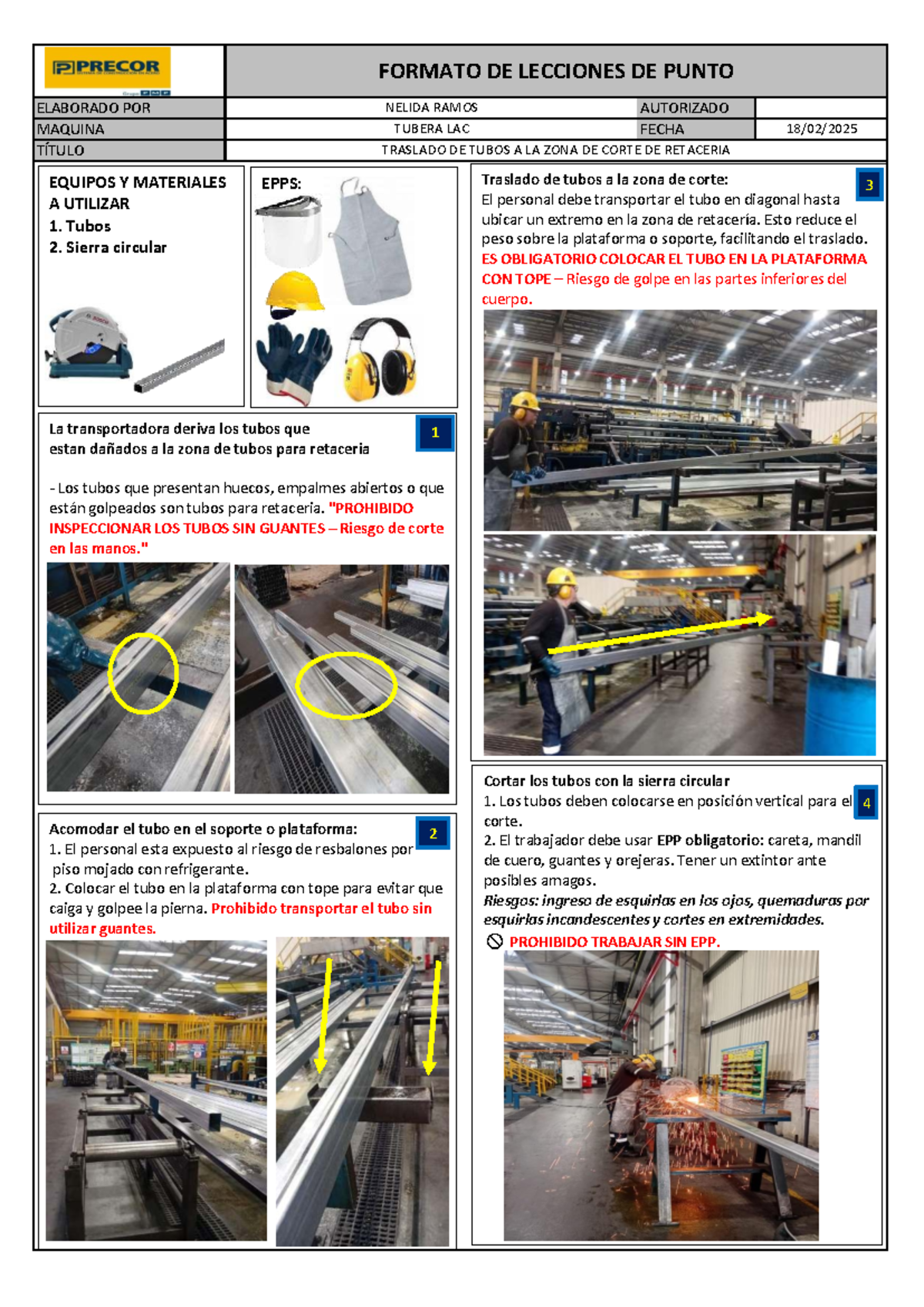 LAC: Formato de Lecciones sobre Traslado de Tubos a la Zona de Corte ...