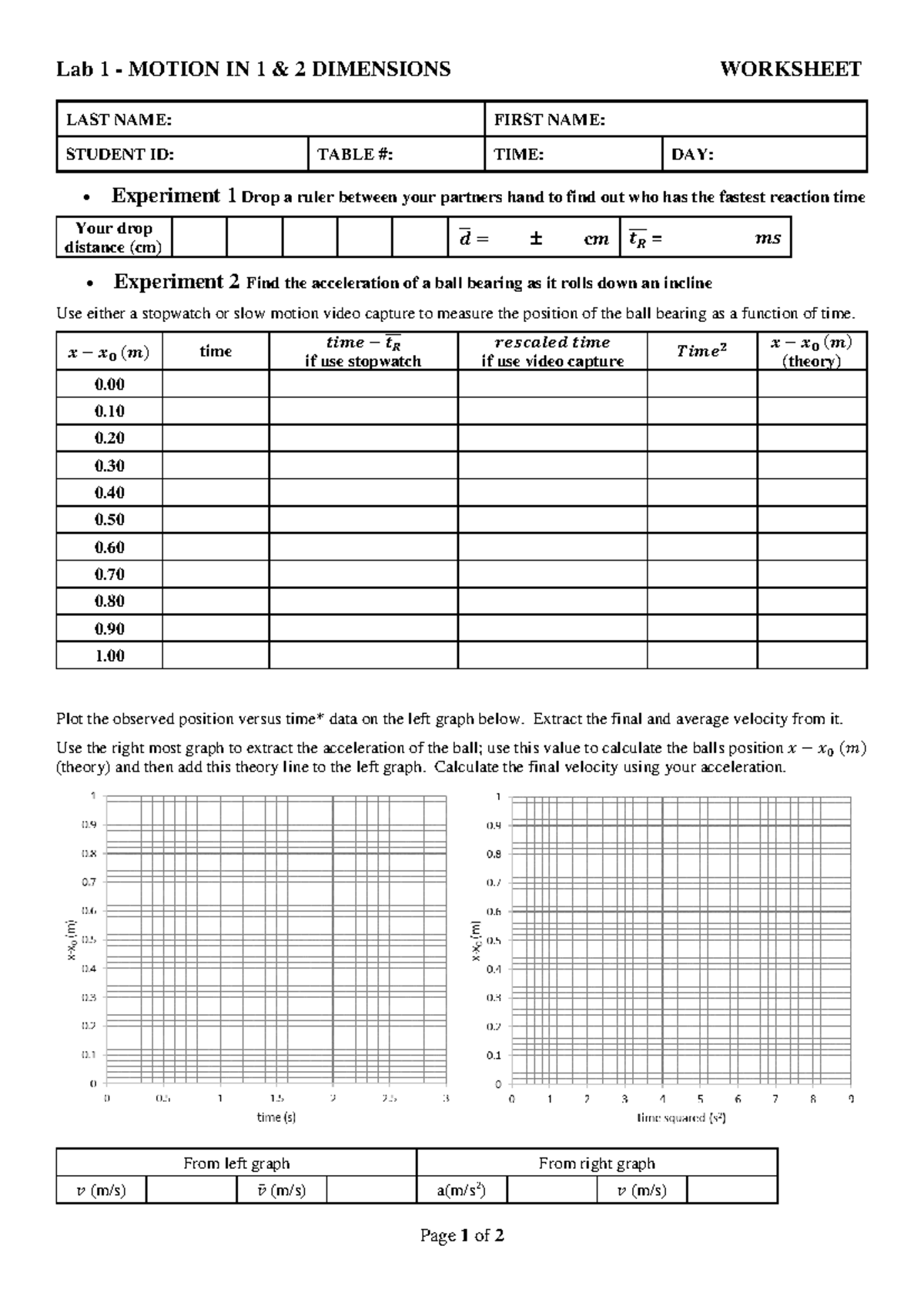 Lab 1 - Motion in 1 & 2 Dimensions Worksheet - Studocu