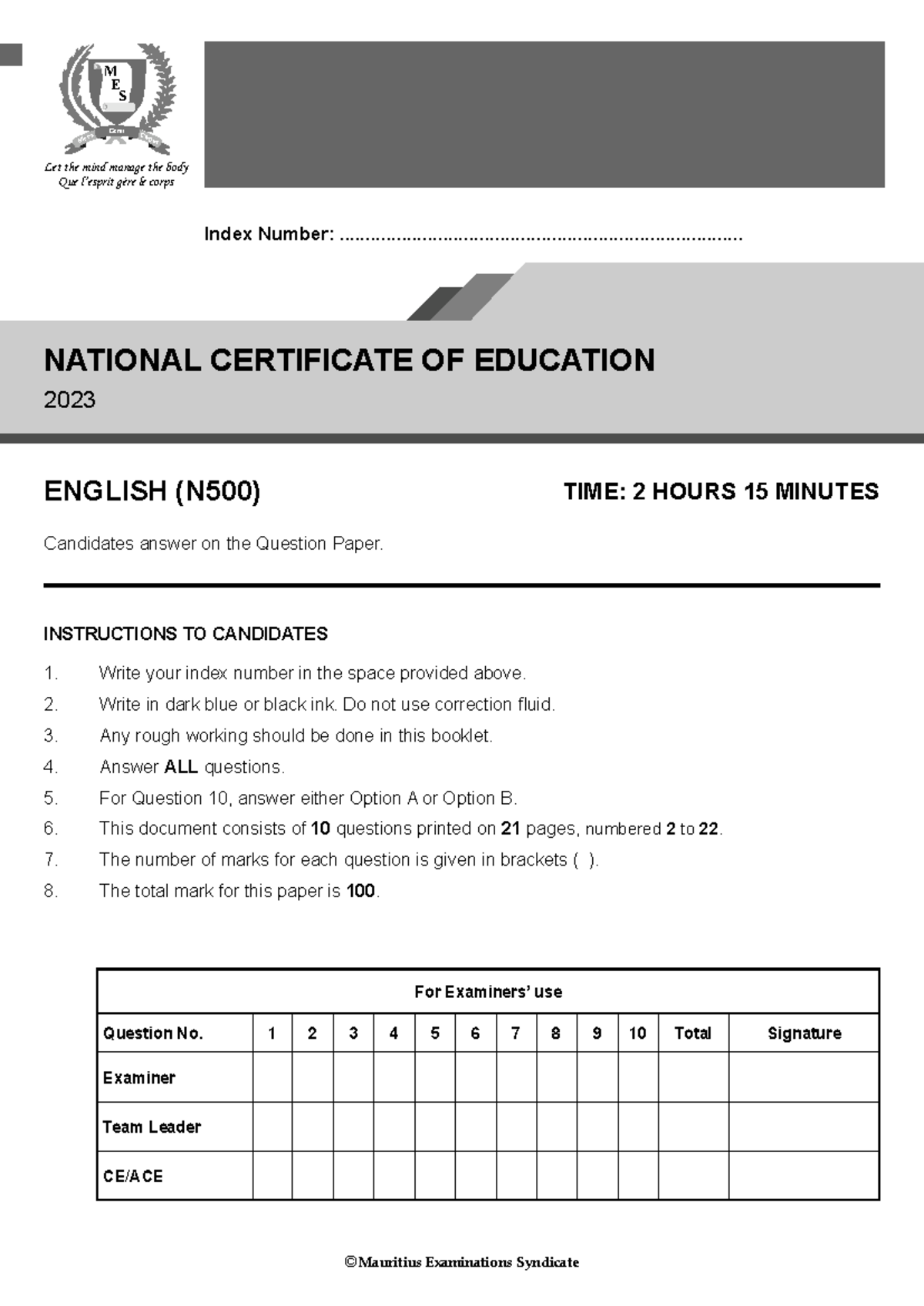 NCE-2023-English - Sample Test Paper & Answers for English (N500) - Studocu