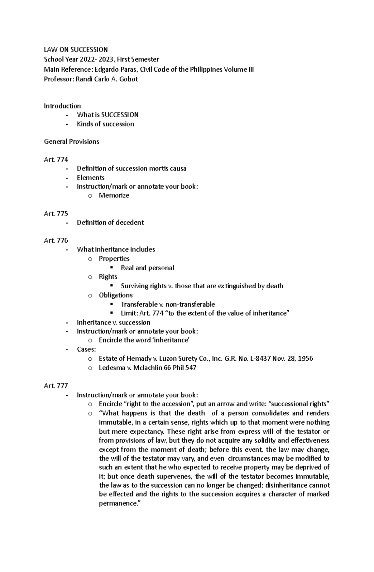 Law 101: Comprehensive Notes on Succession for 2022-2023 Semester - Studocu