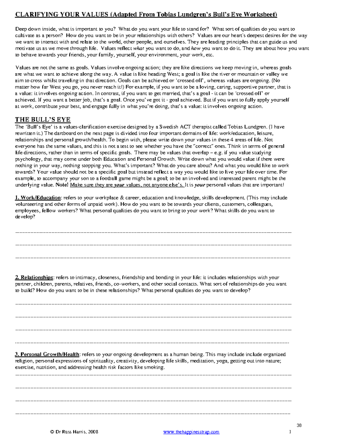 Values and Goals Clarification Worksheet (Adapted from Tobias Eye ...