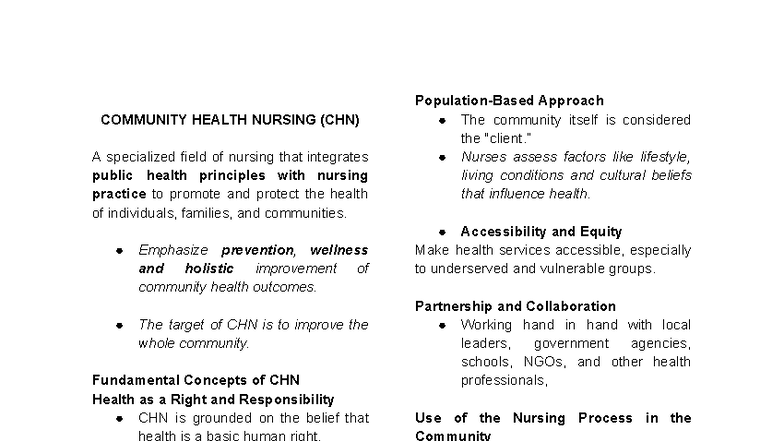 COMMUNITY HEALTH NURSING (CHN) Midterm Study Guide - Studocu