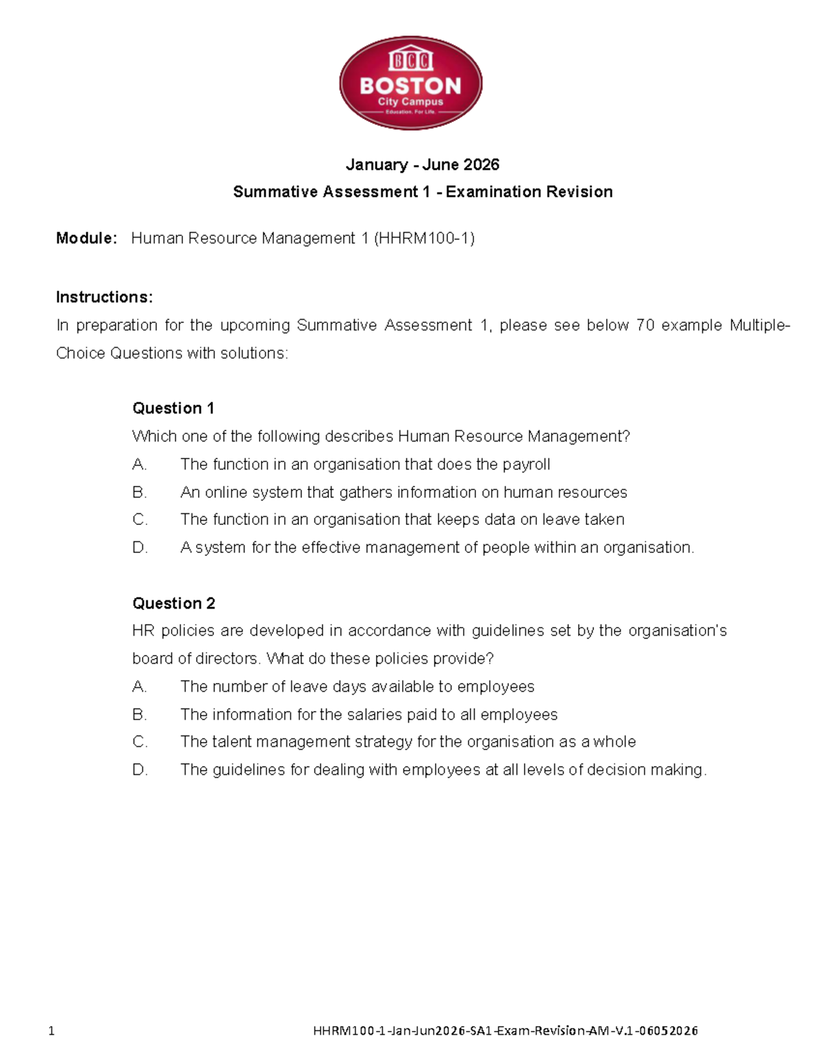 HHRM100 Jan-Jun 2026 Summative Assessment 1 Exam Revision Guide - Studocu