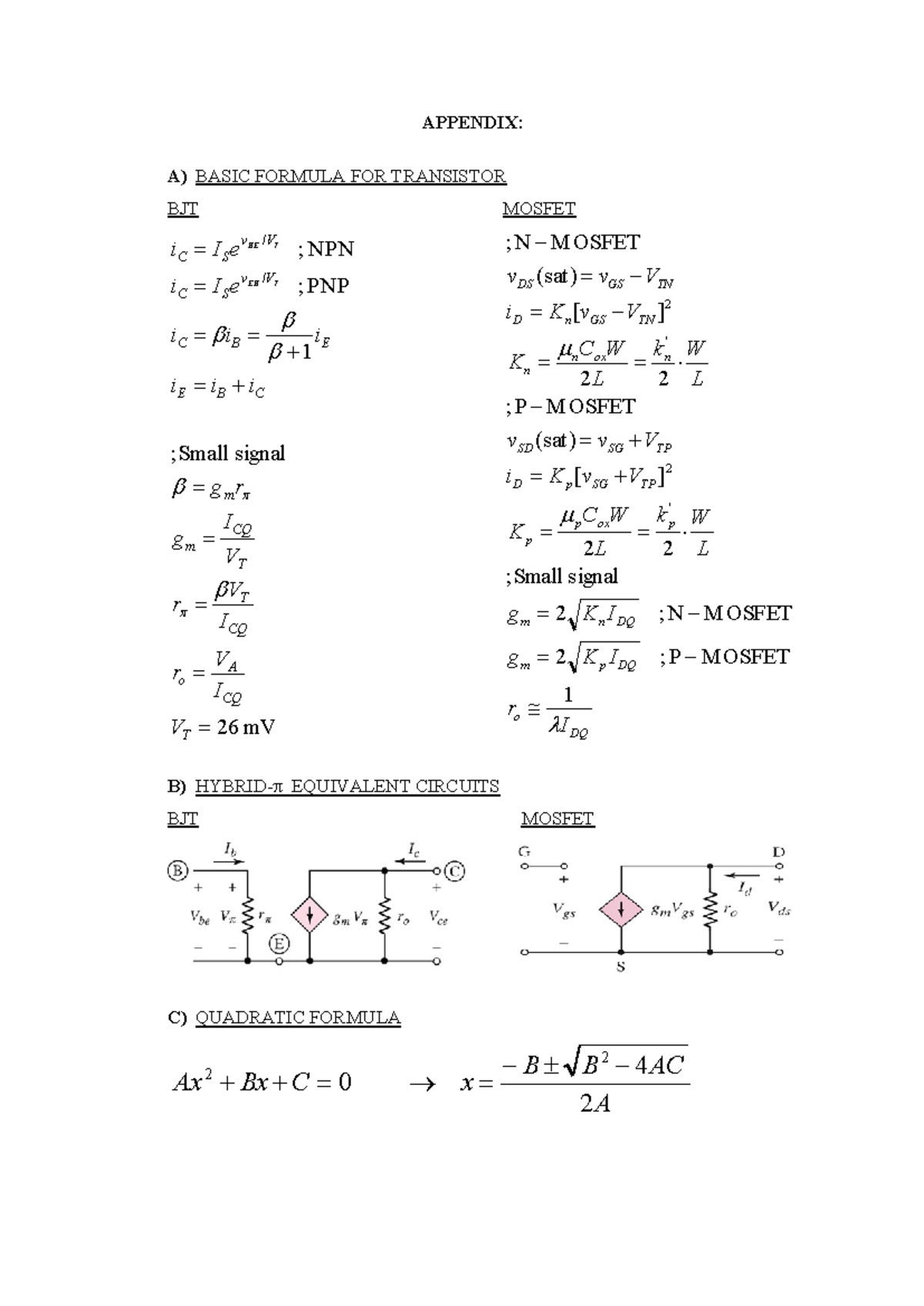 Formula Sheet - APPENDIX: A) BASIC FORMULA FOR TRANSISTOR BJT MOSFET iC ...