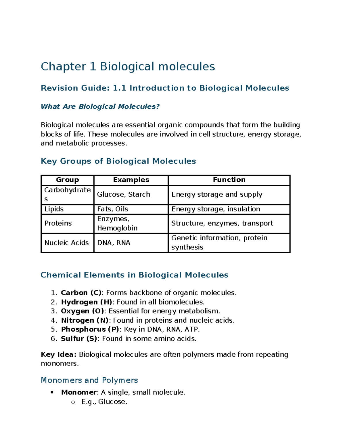 Biology Chapter 1 to 5(starting 5) - Chapter 1 Biological molecules ...