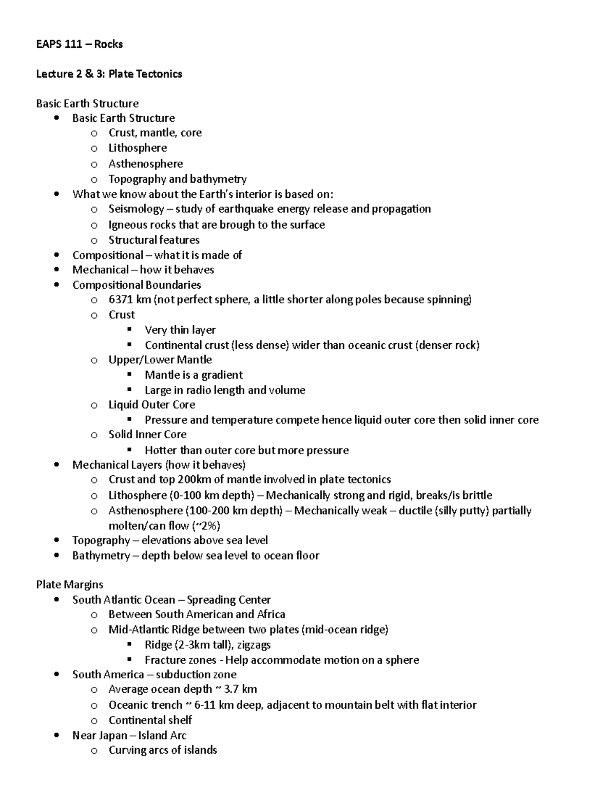 EAPS 111 Lecture Notes: Plate Tectonics & Earth Structure Summarized ...