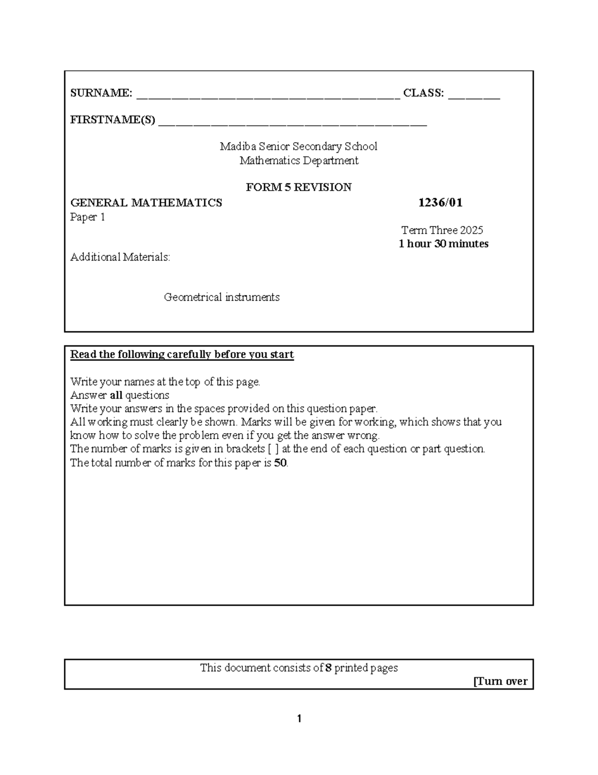 Mathematics Form 5 Revision Paper 1 - Term 3 2025 - Studocu