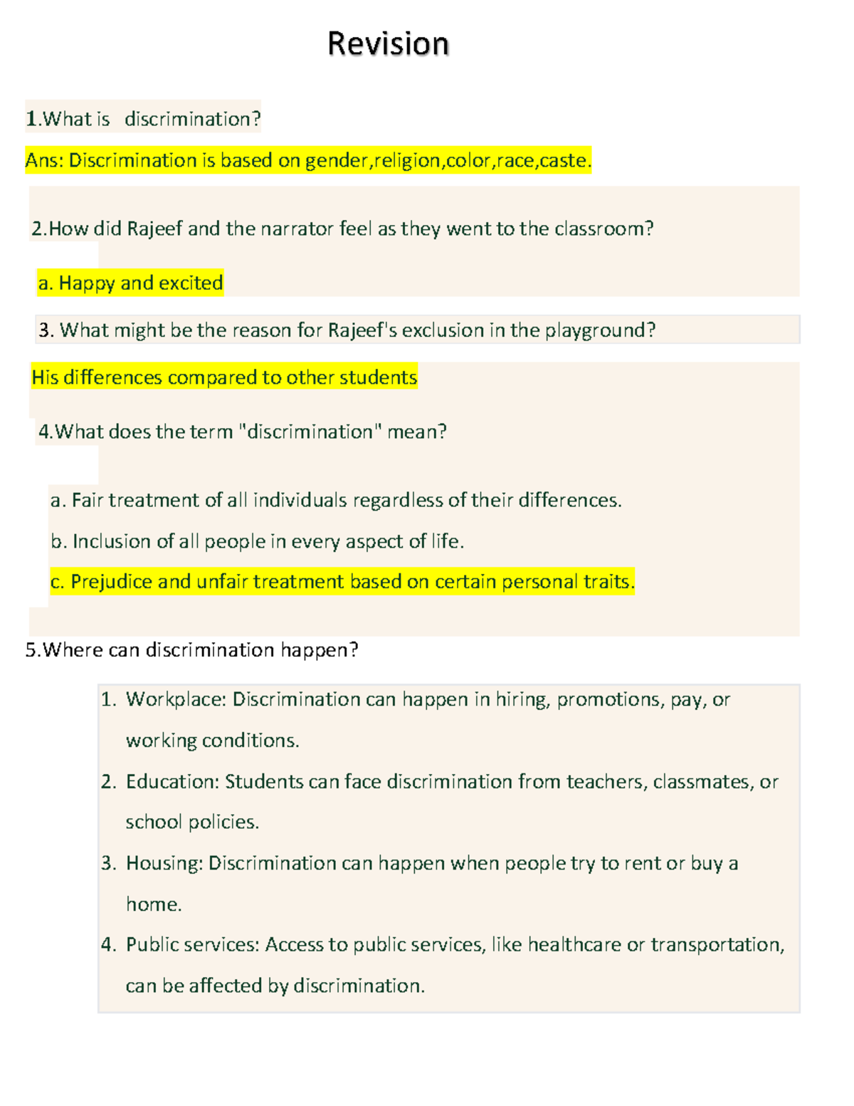 Moral Education revision sheet PDF - 1 .What is discrimination? Ans ...