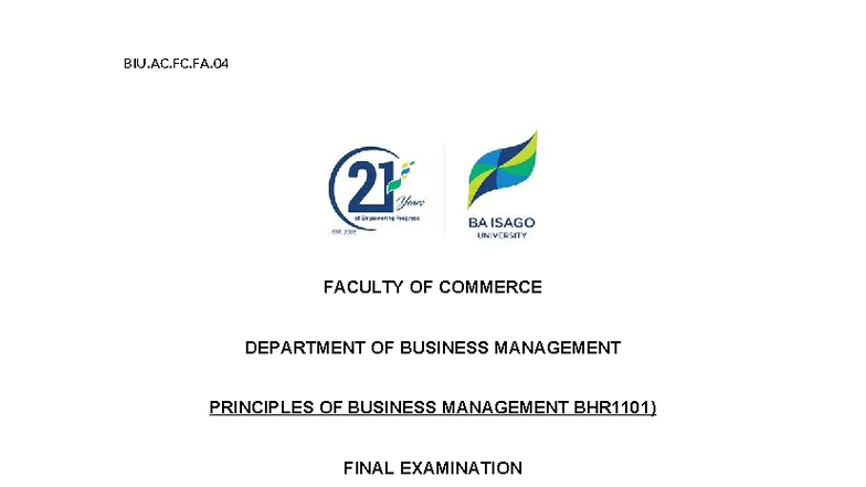 BHR1101 - Principles of Business Management Final Exam Guide - Studocu