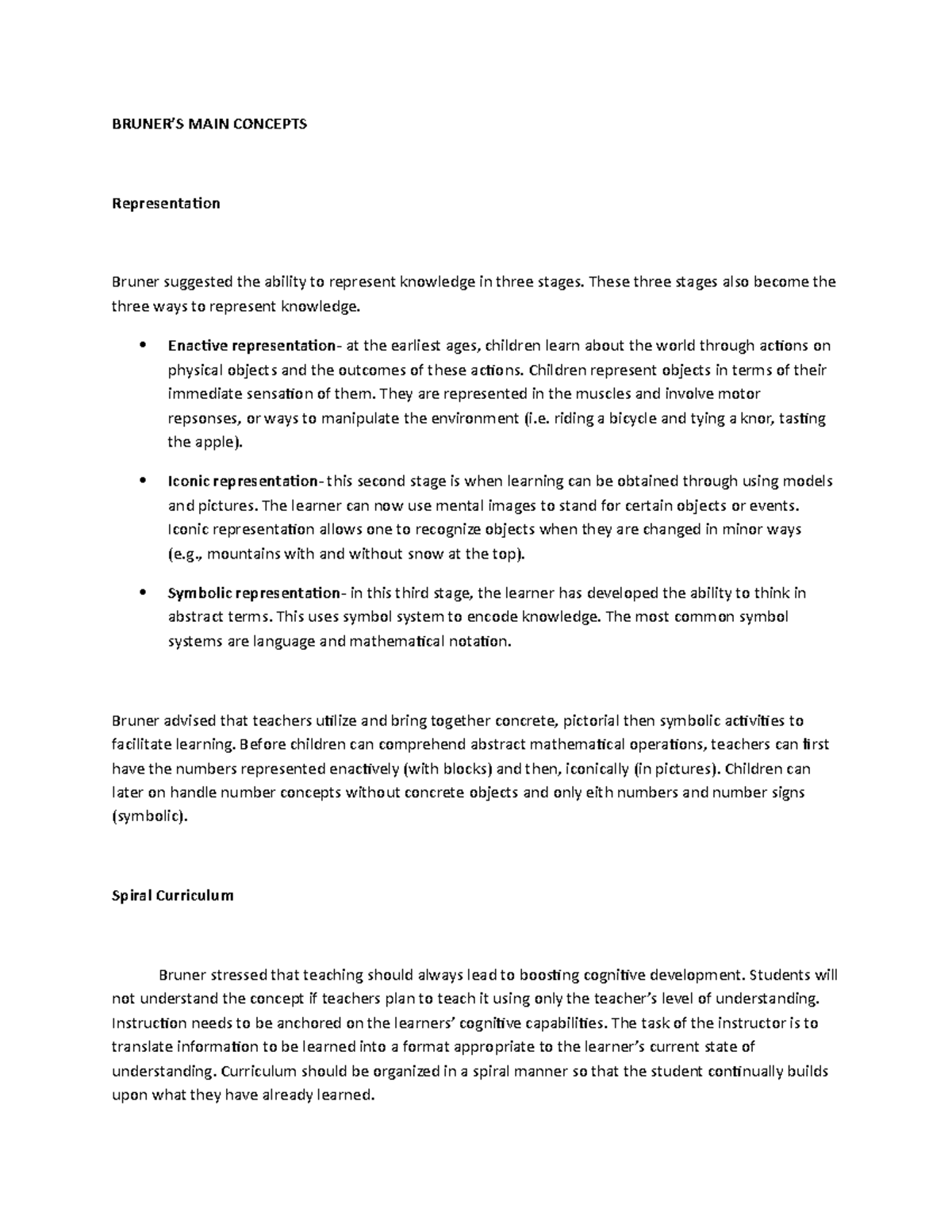 Bruner's Main Concepts in Learning: Representation & Curriculum ...