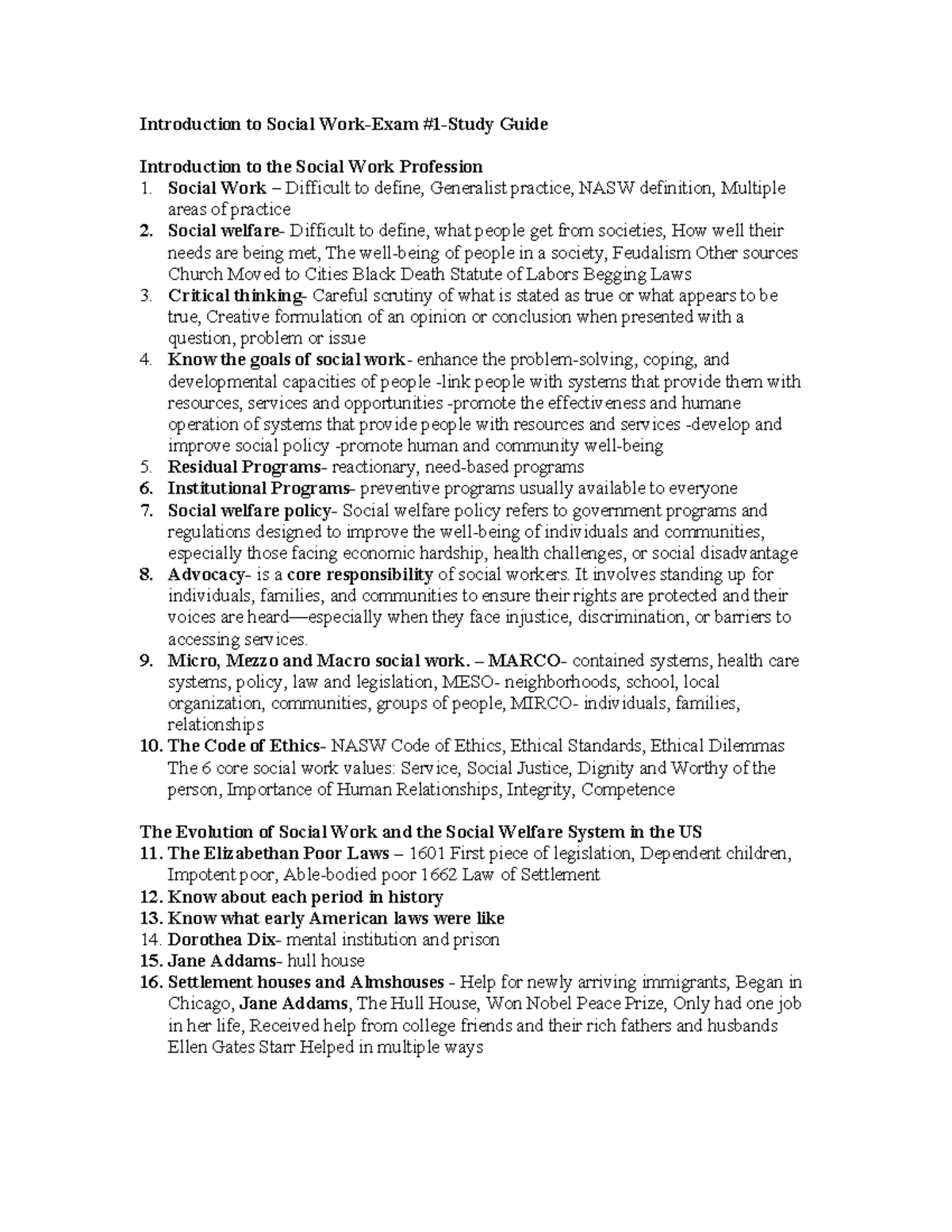 Introduction to Social Work: Exam #1 Study Guide - Studocu