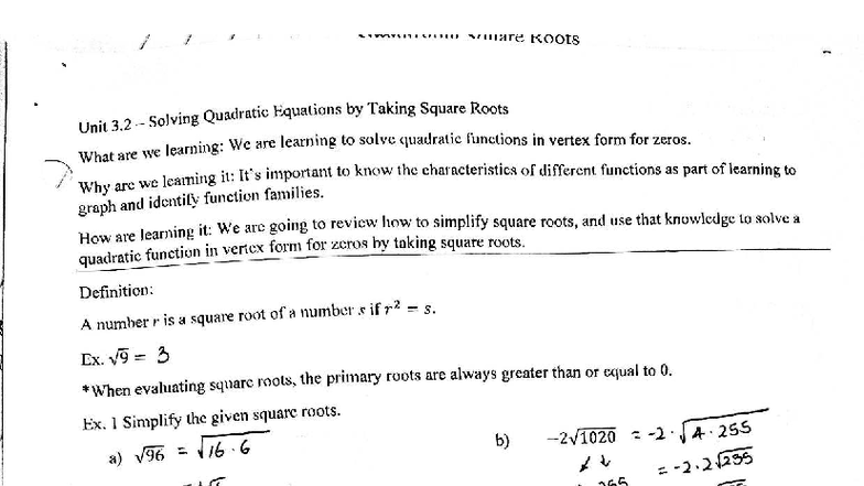 Unit 3.2 Final Exam Notes: Solving Quadratic Equations via Square Roots ...