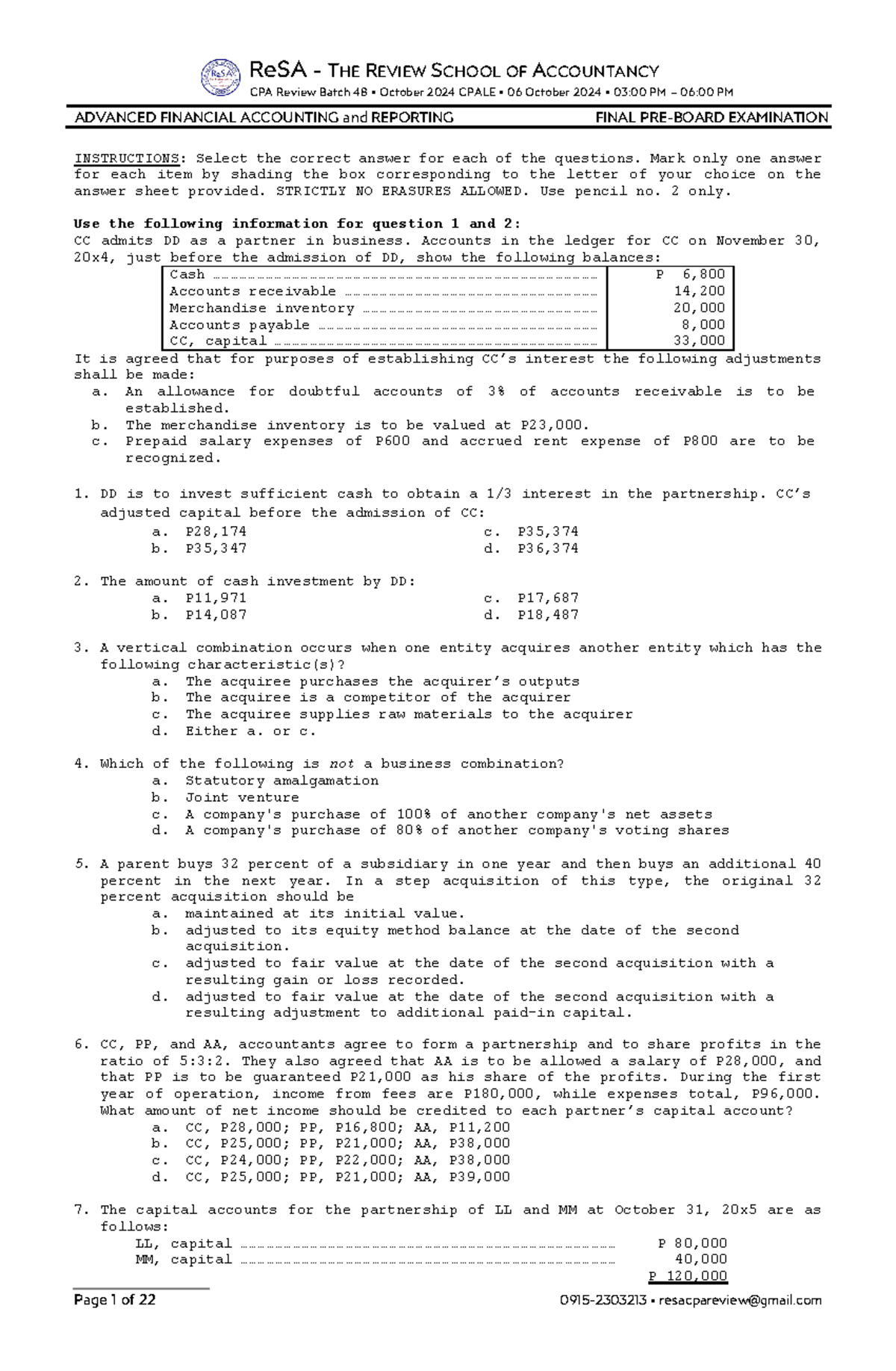 ReSA B48 AFAR Final Pre-Board Exam Q&A October 2024 - Studocu
