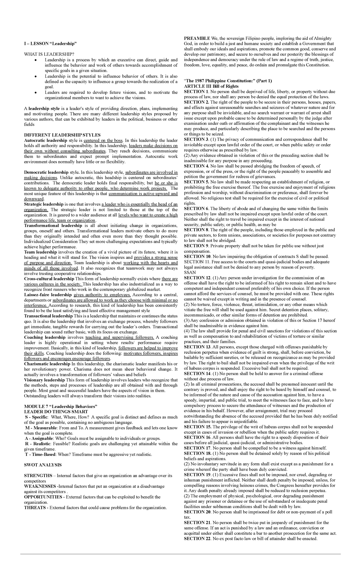 NSTP MIDTERM REVIEWER: UNDERSTANDING LEADERSHIP STYLES AND RIGHTS - Studocu