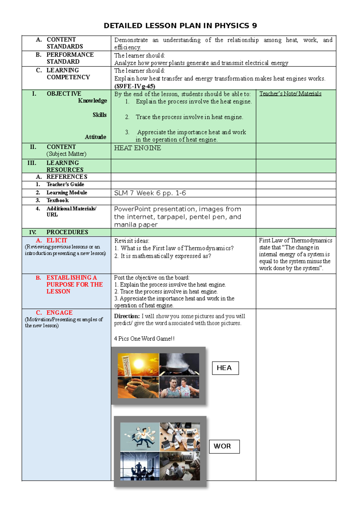 DLP 2nd Physics 9: Heat Engines & Thermodynamics Lesson Plan - Studocu