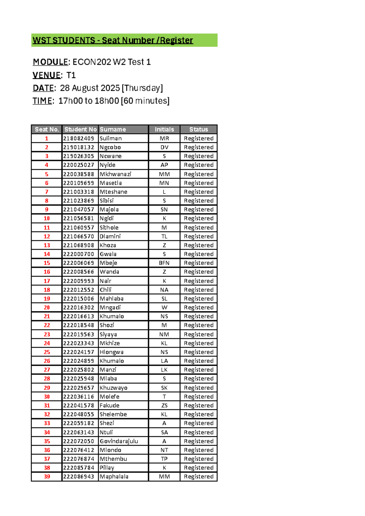 ECON202 W2 Test 1 Seating Allocation - Venue T1 - Studocu