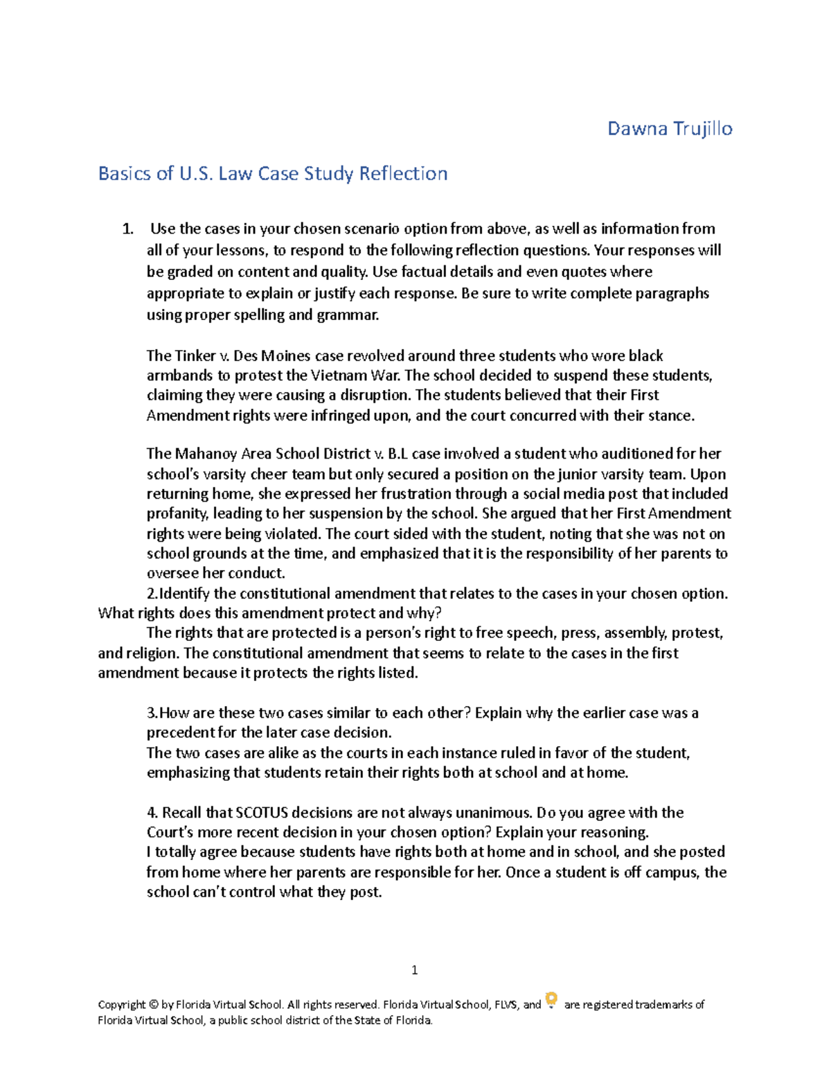 Basics of U.S. Law (01 06) Case Study Reflection on First Amendment ...