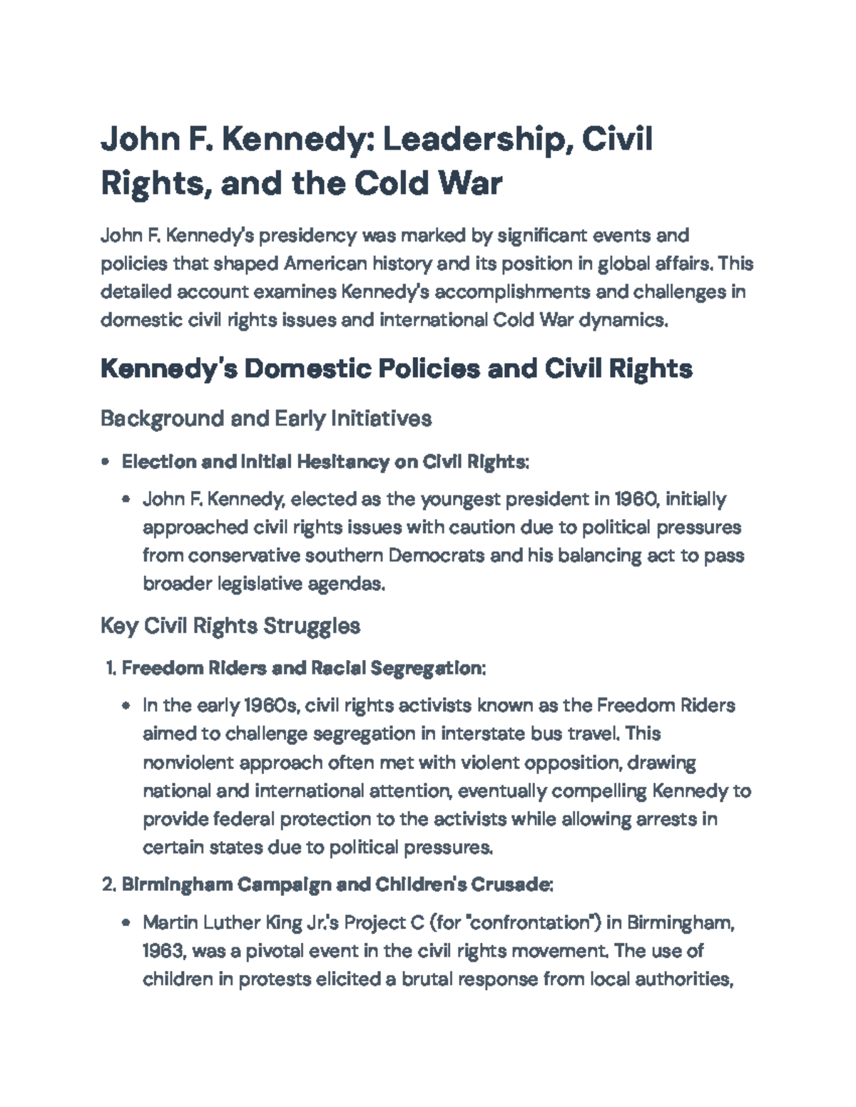 John F. Kennedy: Civil Rights & Cold War Policies Analysis (HIST 101 ...