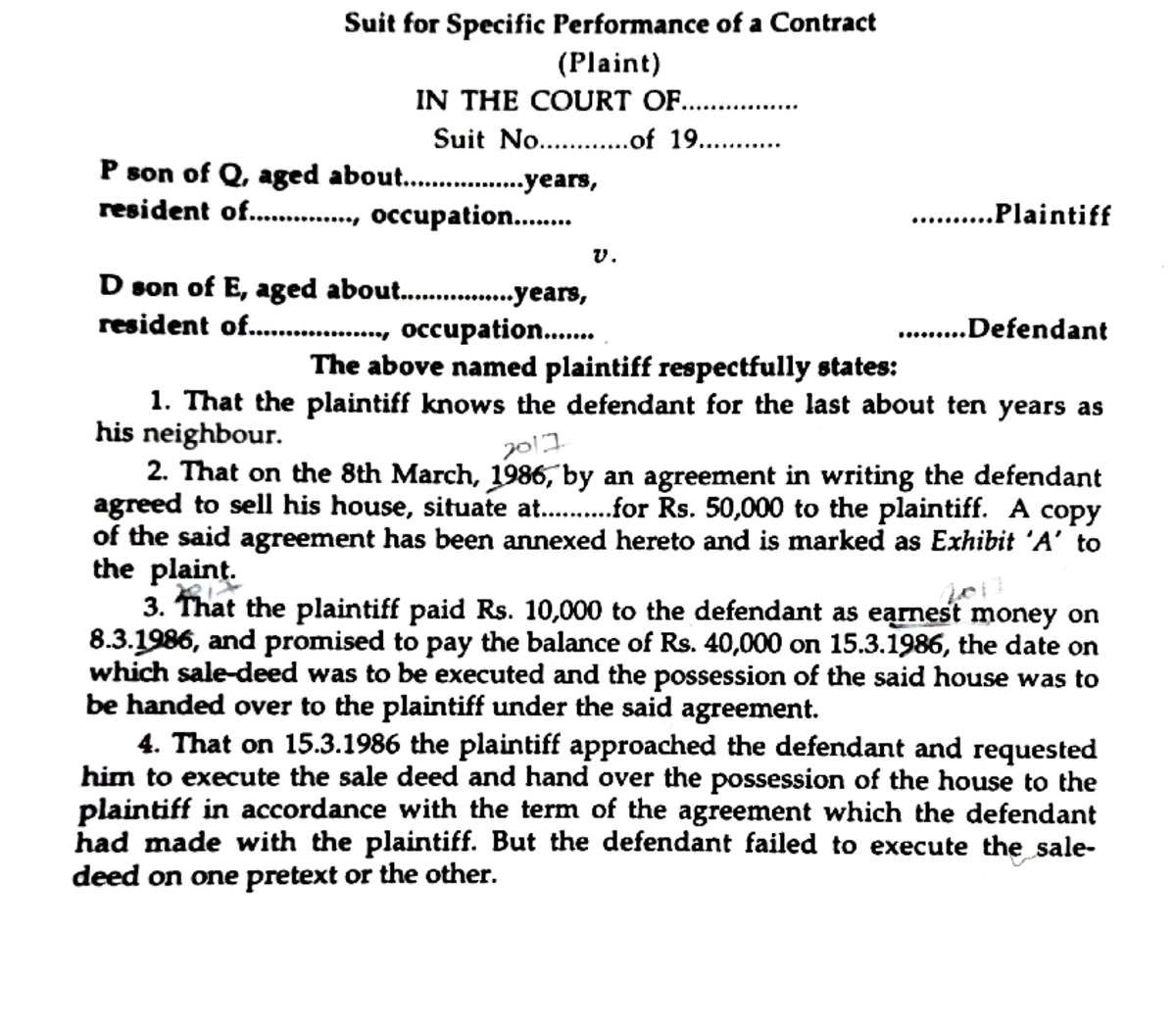 Suit for Specific Performance: Plaint & Written Statement - Legal ...