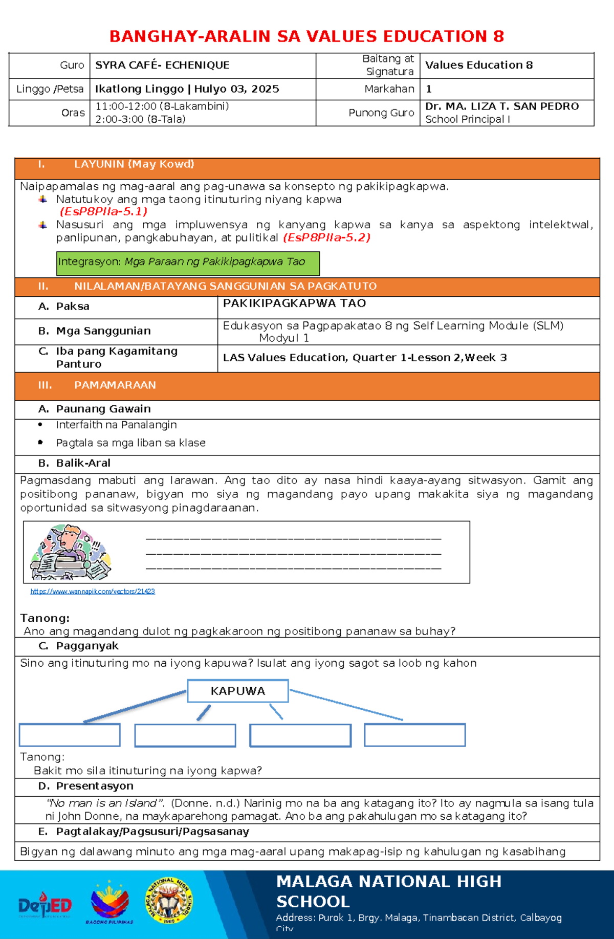 DLL ESP 8 Week 2 Sample Lesson Plan on Pakikipagkapwa - Studocu
