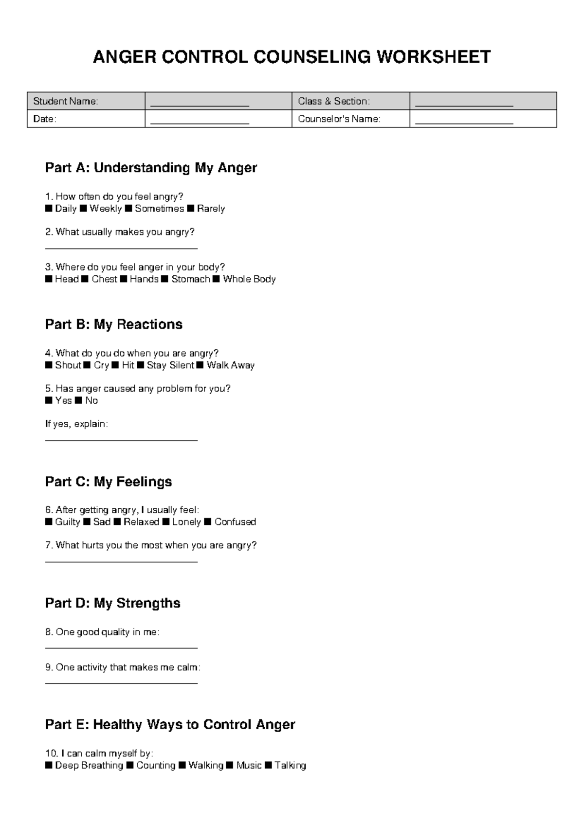 ANGER CONTROL COUNSELING WORKSHEET: Understanding & Managing Emotions ...