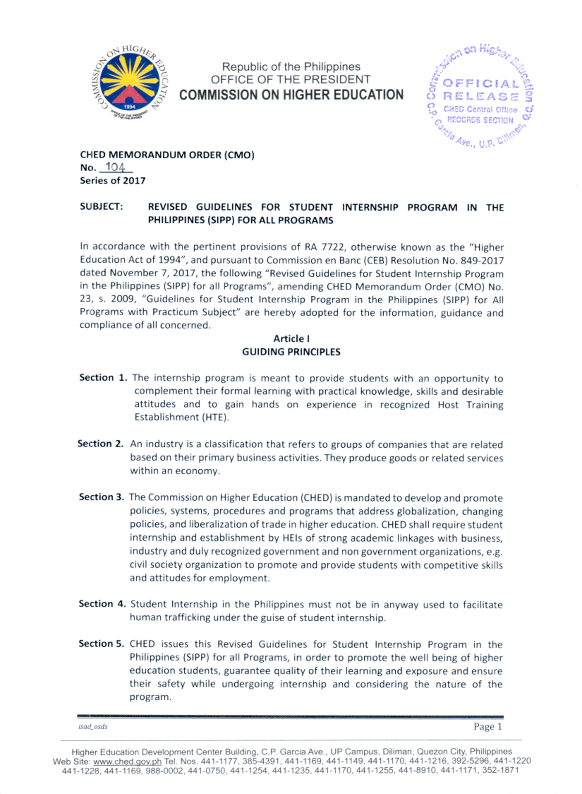 CHED CMO No. 104 S. 2017: Revised Guidelines for Student Internships ...