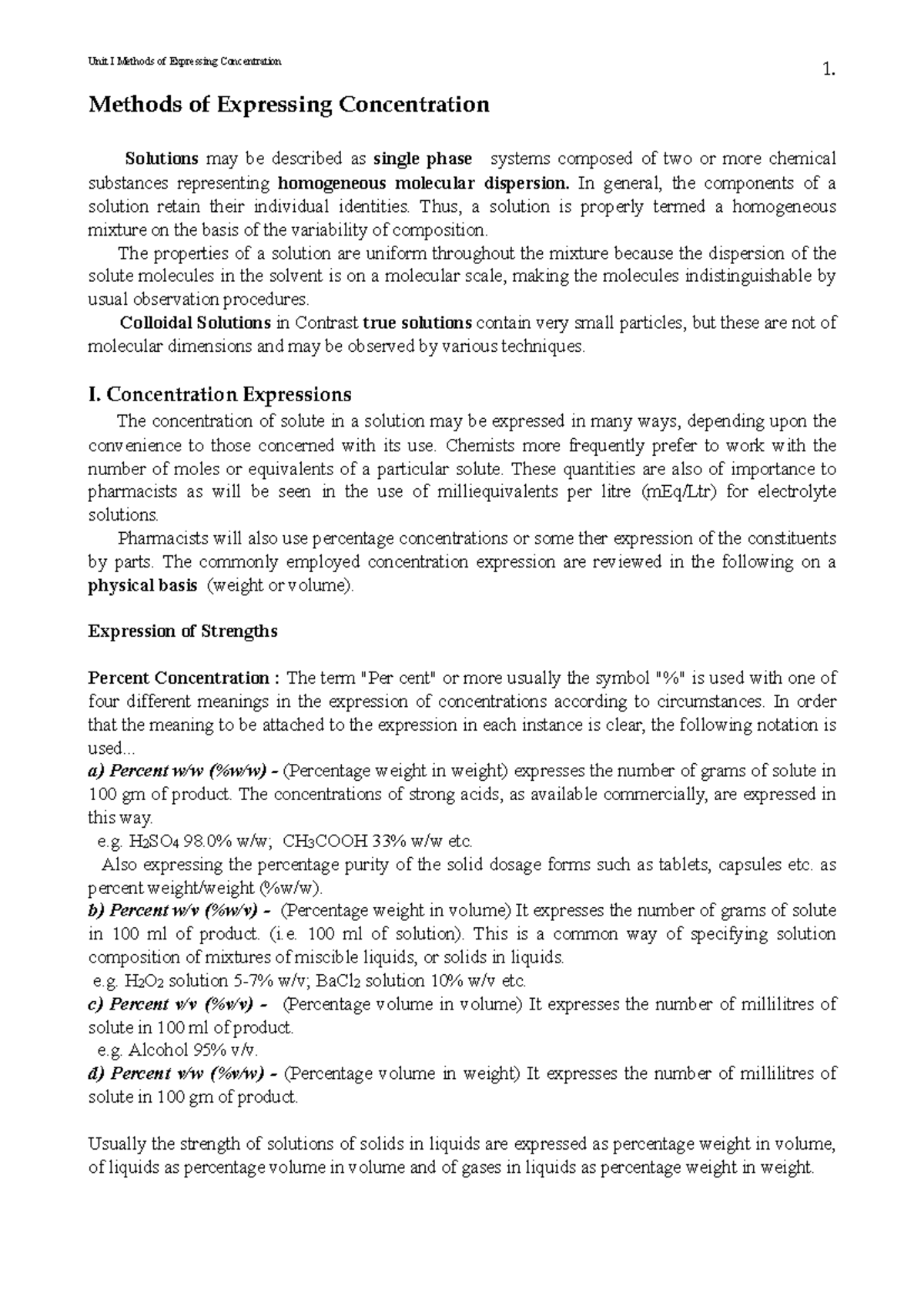 Methods of Expressing Concentrations in Chemistry - Unit I Notes - Studocu